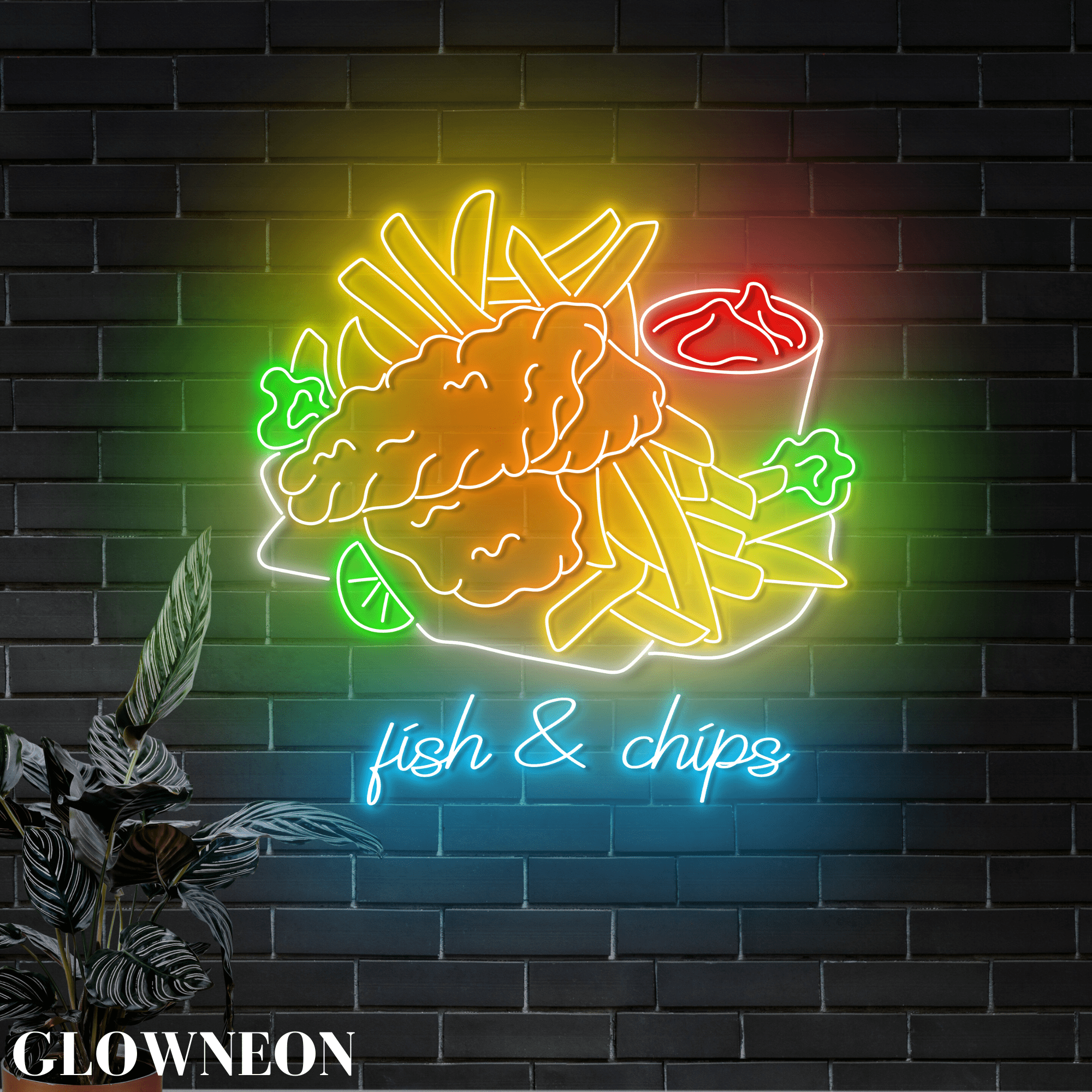 Glowneon Fish & Chips Wall Led Sign, Fish & Chips Restaurant Wall Art ...
