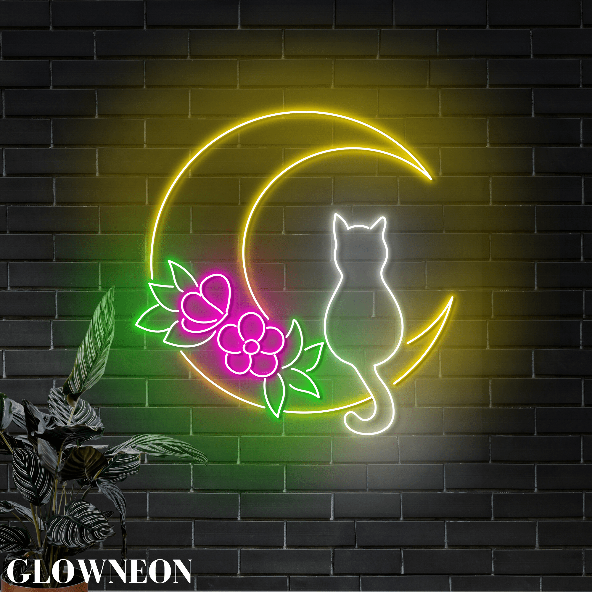 Glowneon Floral Cat Moon Neon Light Up, Cat Clinic Bedroom Wall Decor ...
