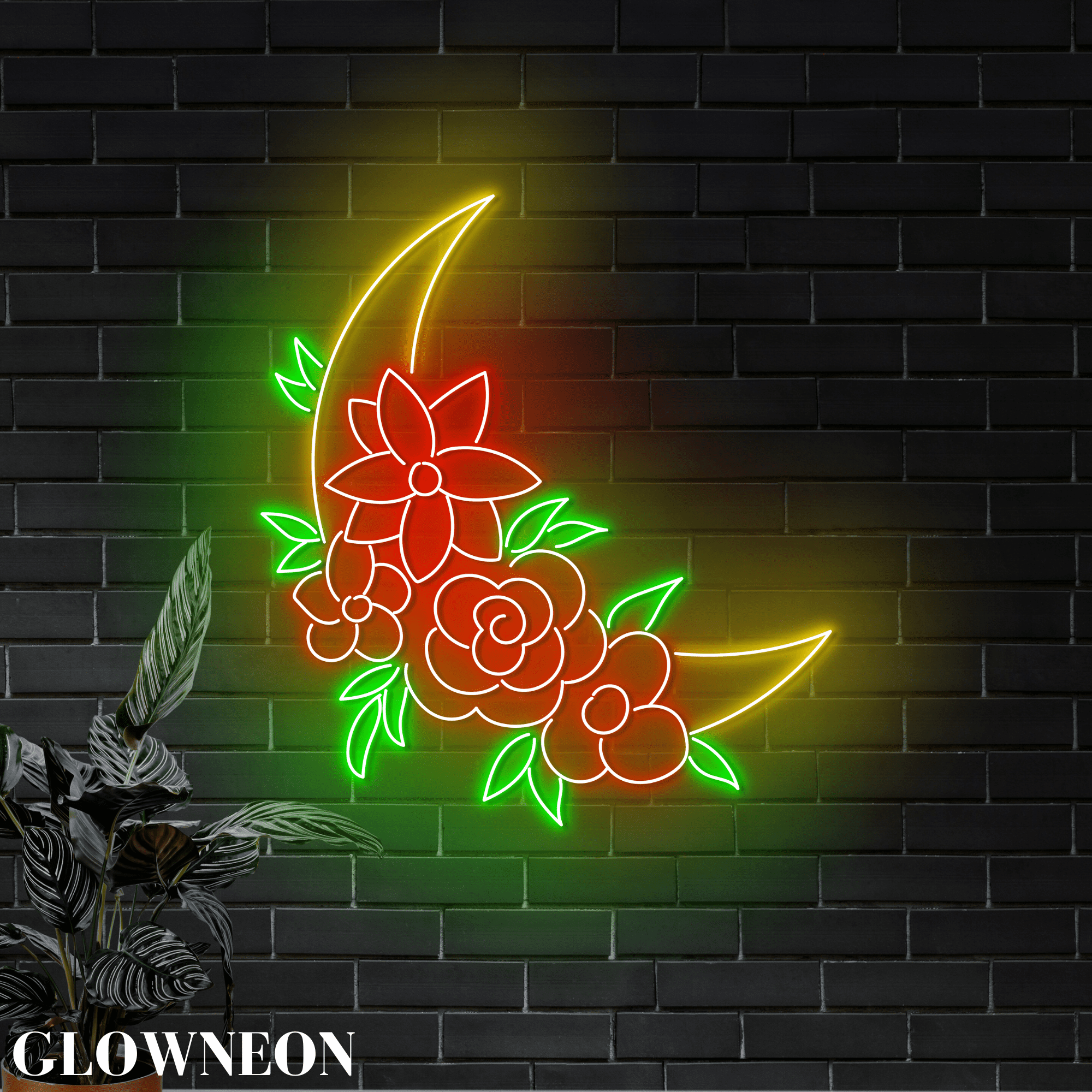 Glowneon Floral Moon Wall Led Light, Crescent Moon Bedroom Wall Decor ...