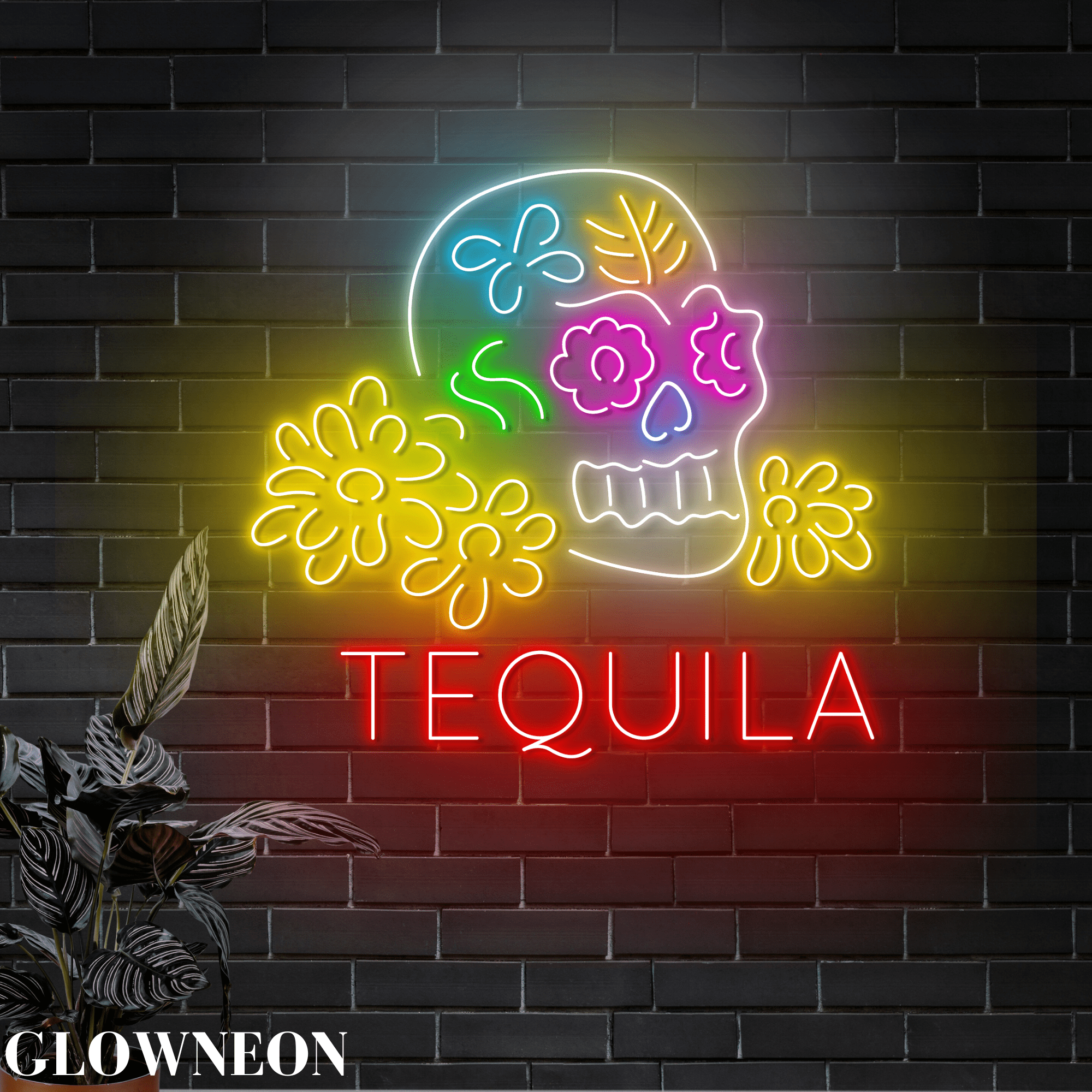 Glowneon Floral Skull Tequila Led Sign, Tequila Cocktail Bar Pub Sign ...