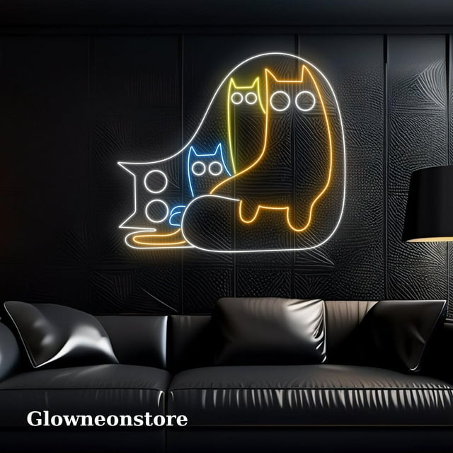 Glowneon Four Cat Wall Decor Led, Cat Line Art Decor Neon, Four Cats ...