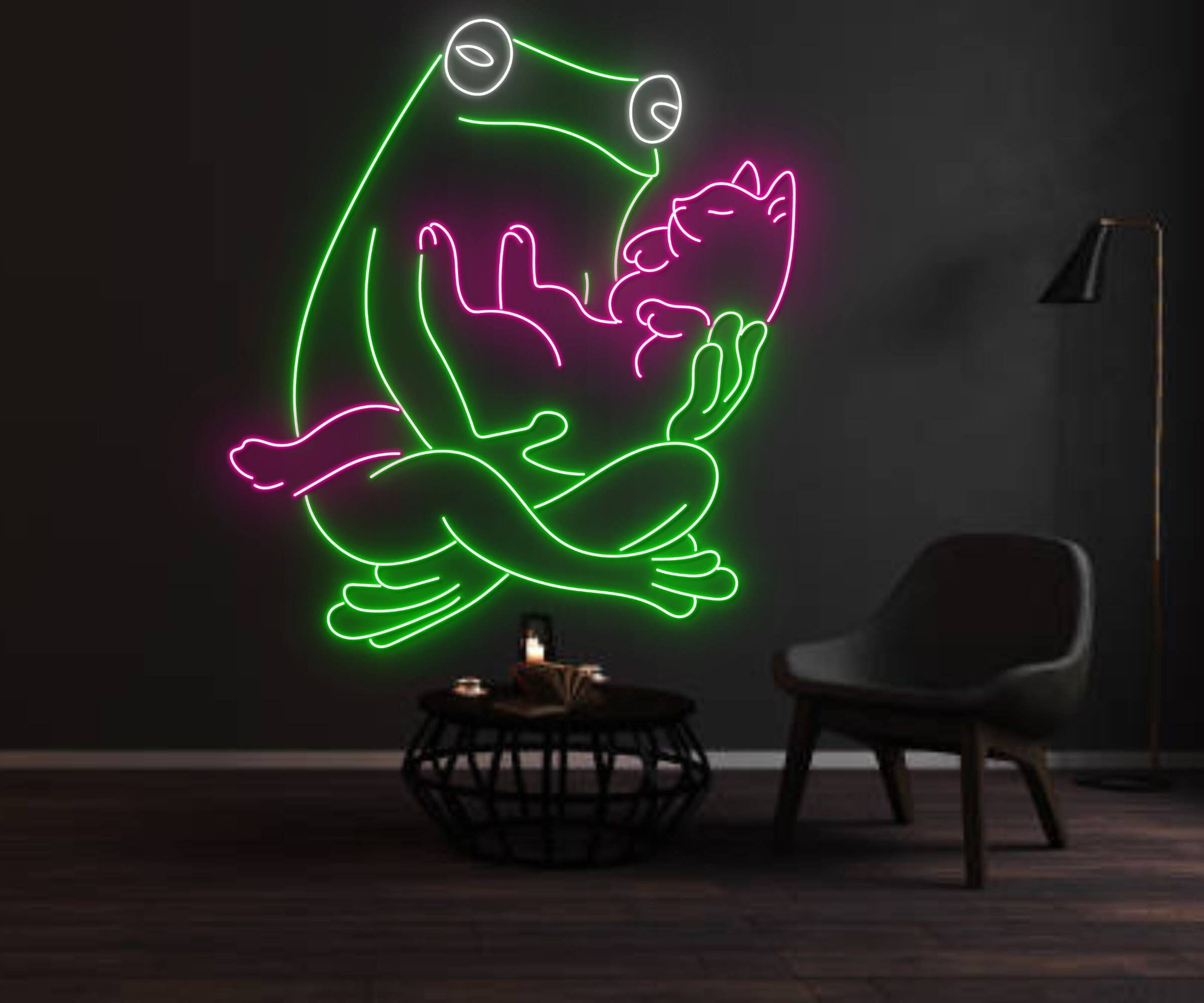 Glowneon Frog Hugging Cat Neon Sign, Funny Animal Wall Art Neon Sign ...