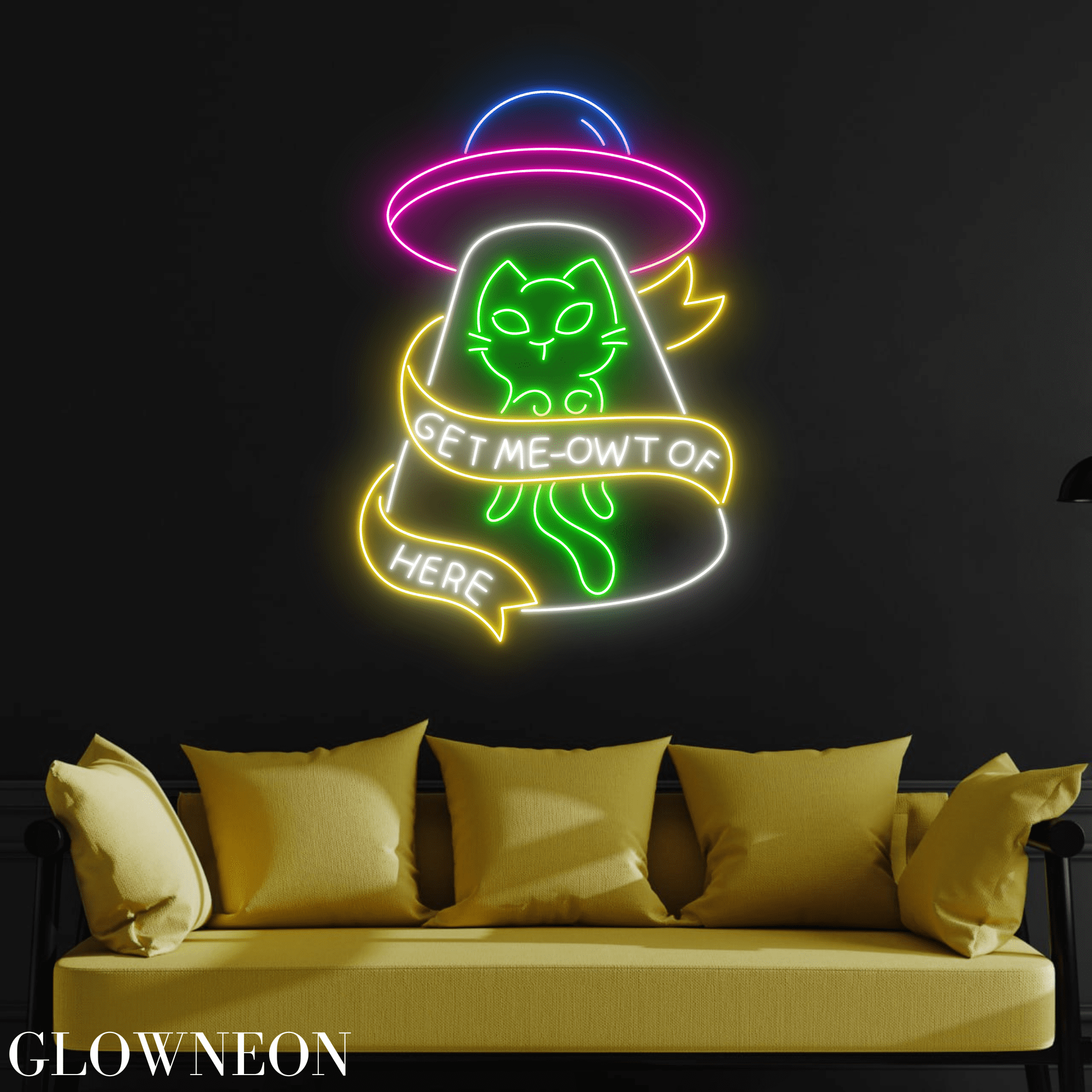Glowneon Get Me-owt Of Here Neon Led Sign, Ufo Abduction Cat Wall Art ...
