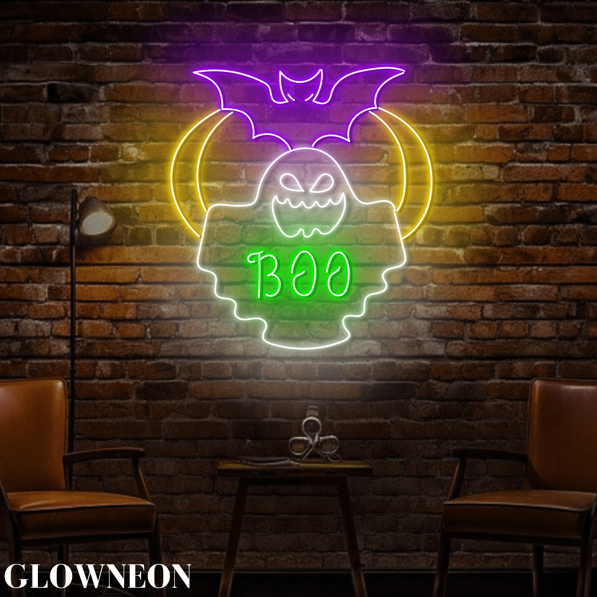 Glowneon Ghost Boo With Bat Wall Decor, Scary Halloween Neon Wall Art ...
