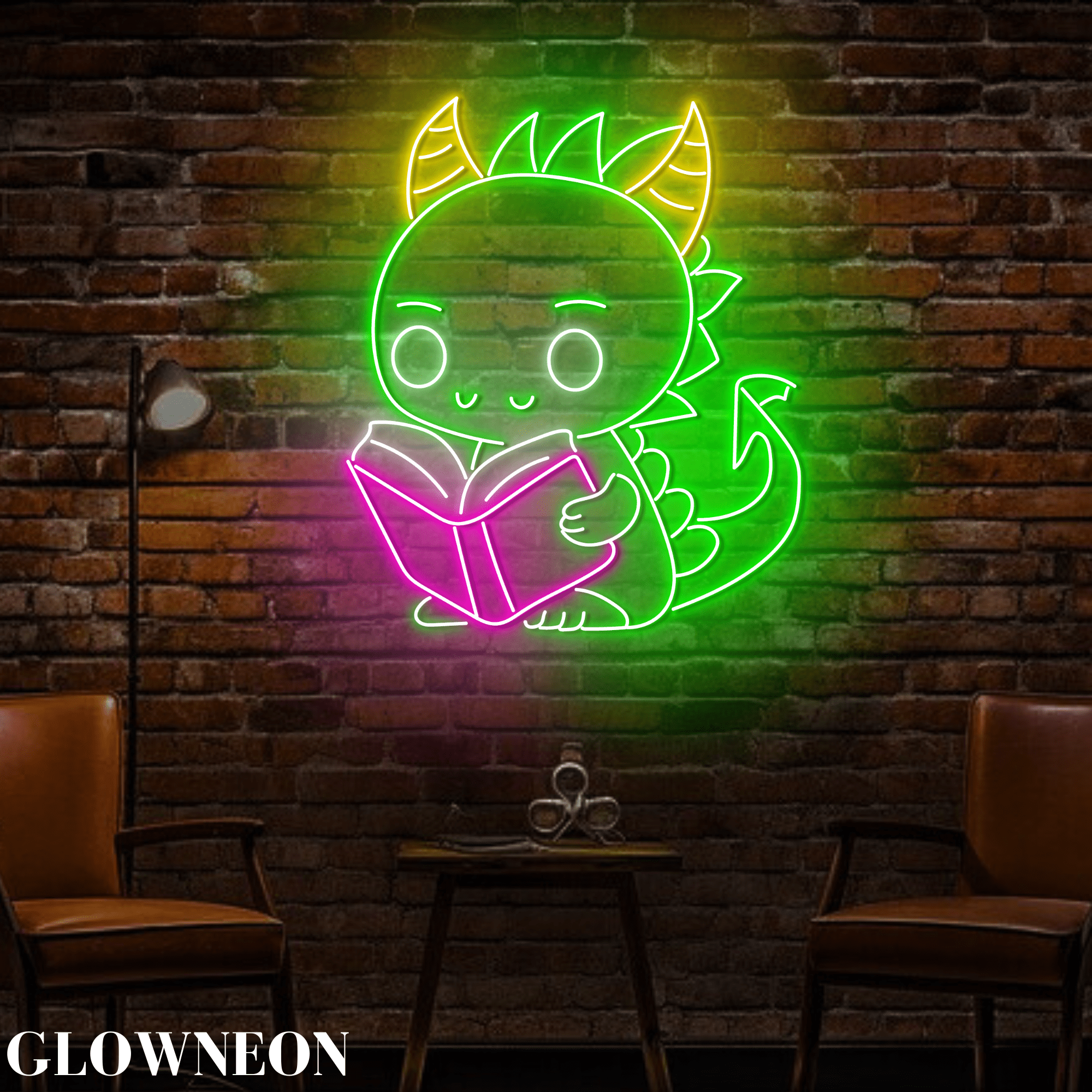 Glowneon Green Dragon Reading Book Neon Sign, Book Store Led Wall Art ...