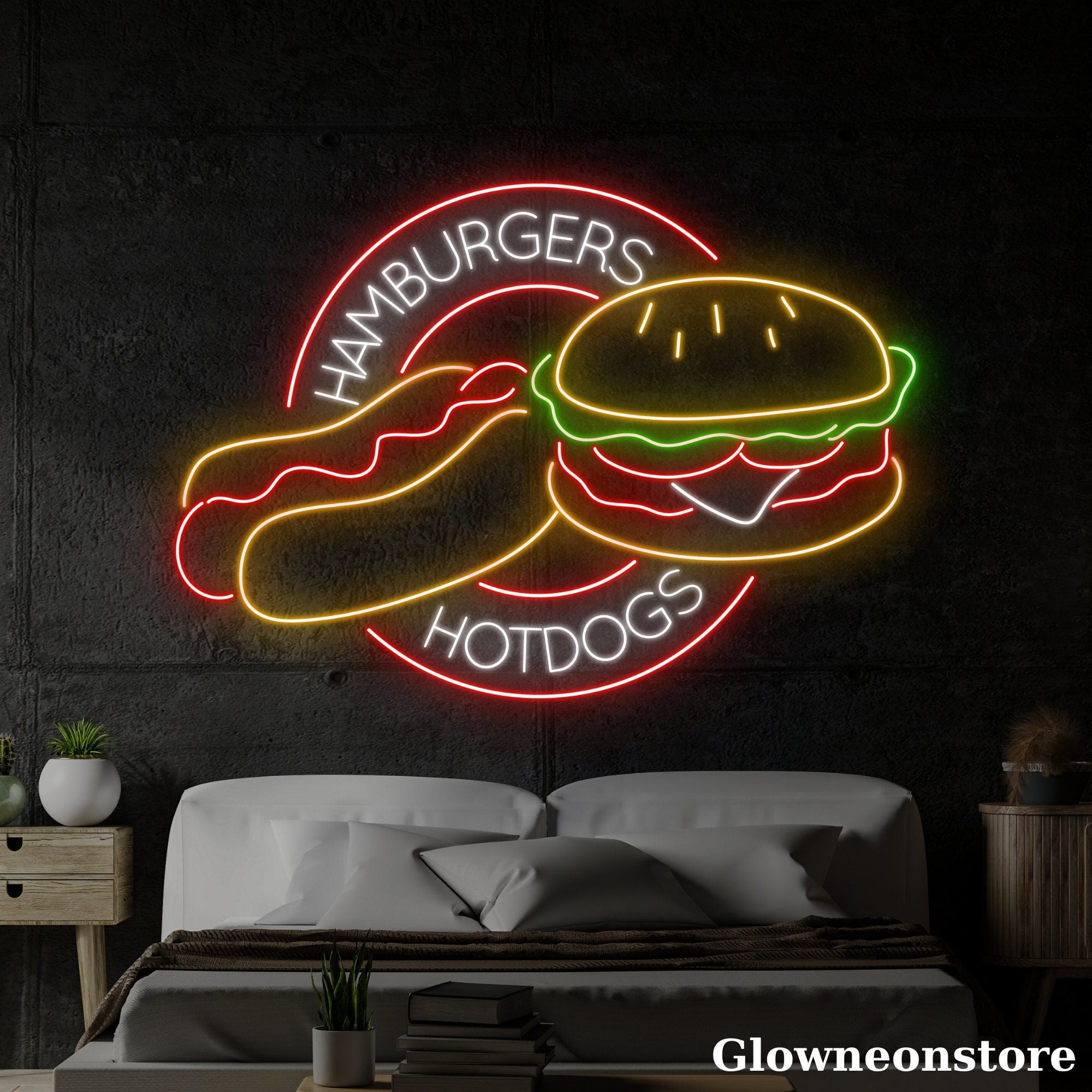 Glowneon Hamburger Hotdog Neon Sign, Fast Food Led Sign, Burger Decor ...