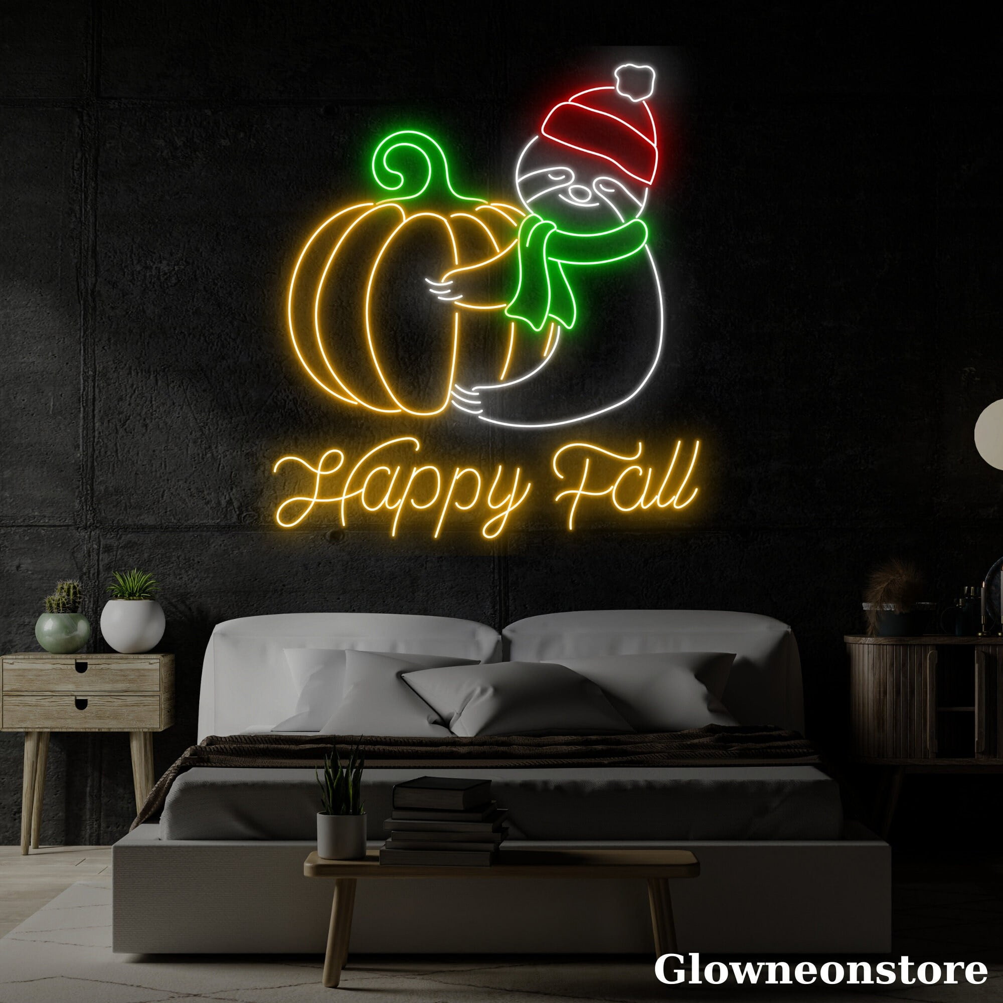 Glowneon Happy Fall Neon Sign, Happy Fall LED Sign, Sloth LED Light ...