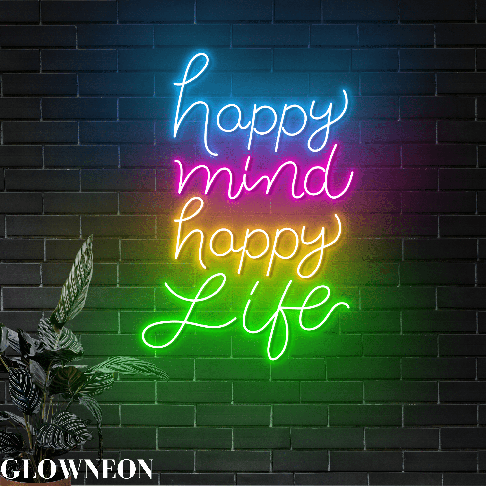 Glowneon Happy Mind Happy Life Led Light, Positive Quote Neon Light ...
