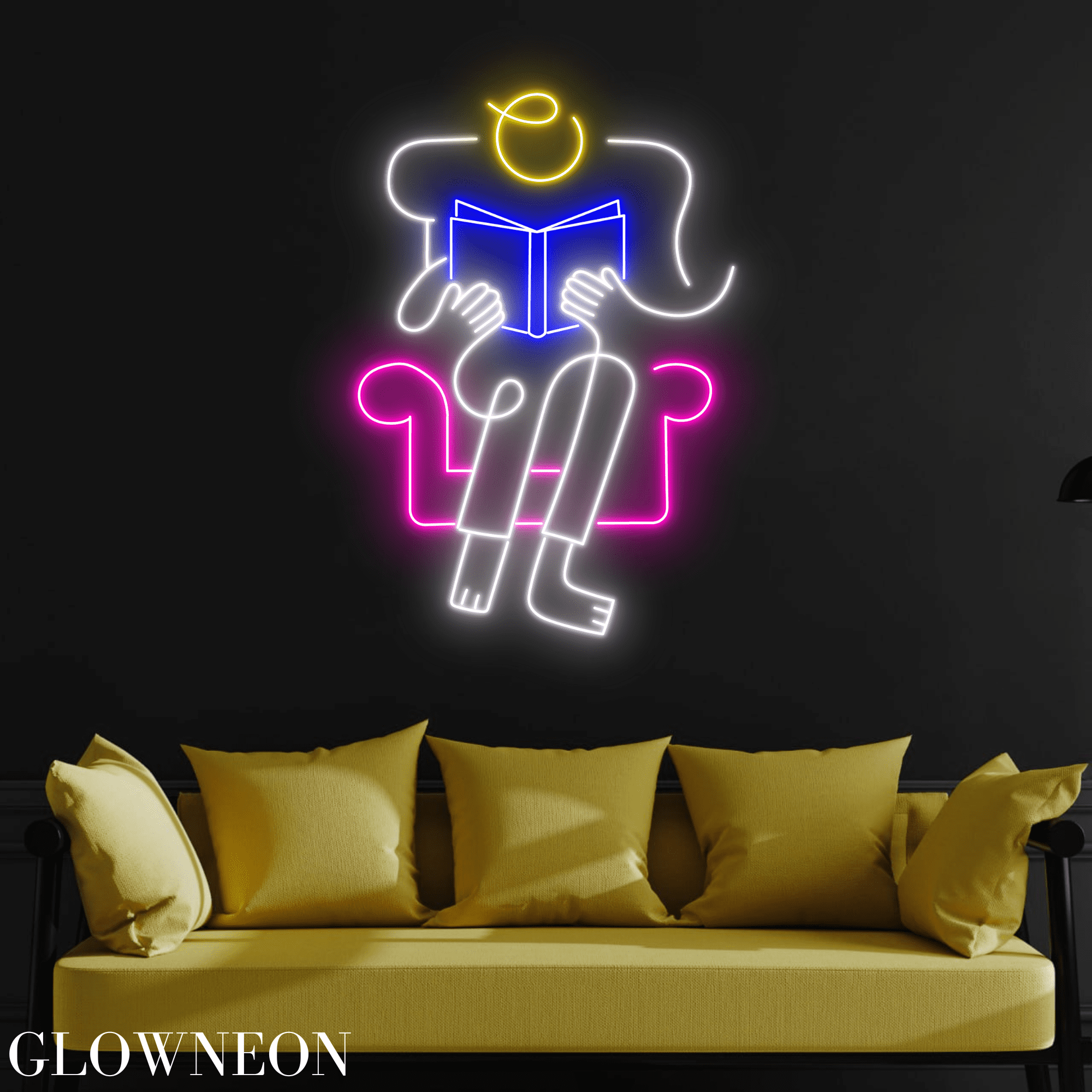 Glowneon Human Sitting Reading Book Line Art, Reading Neon Led Signs ...