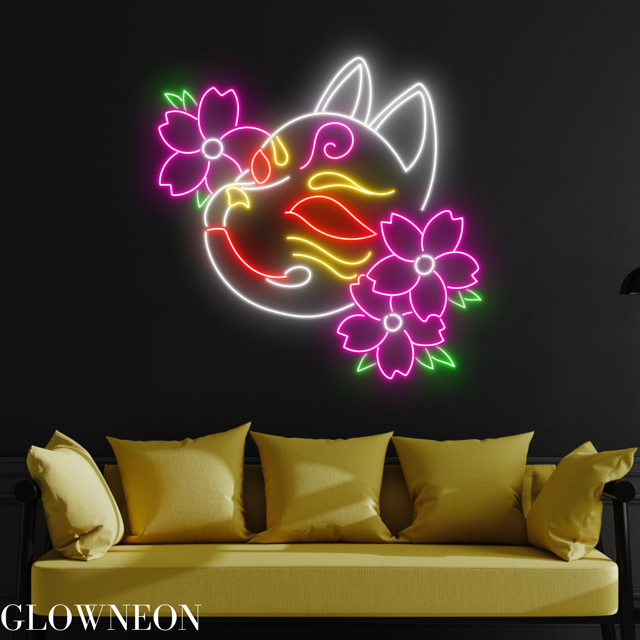 Glowneon Kitsune-Men Mask Neon Sign, Japan Fox Mask Festival Led Sign ...