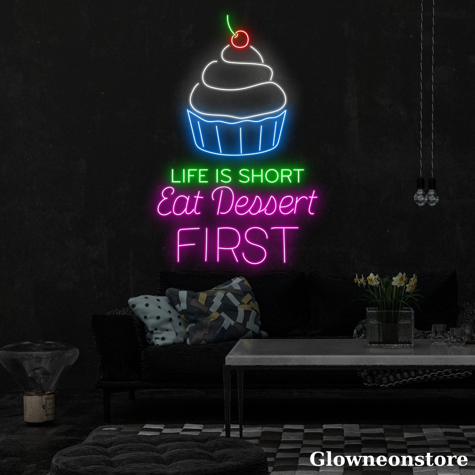 Glowneon Life Is Short Eat Dessert First Neon Sign, Cakes LED Sign ...