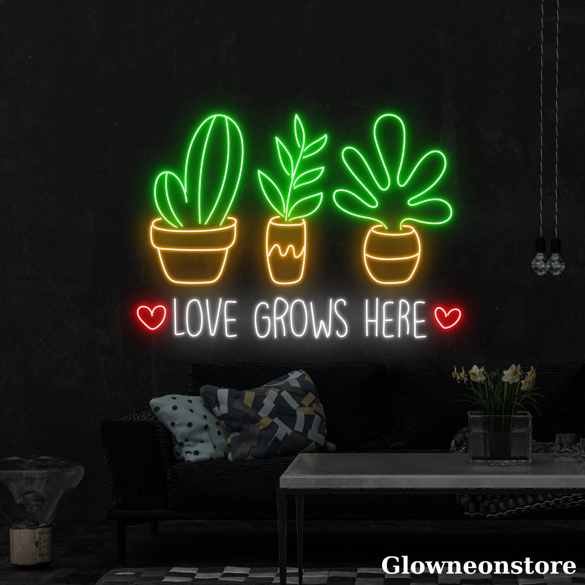 Glowneon Love Grows Here Neon Sign, Plant Led Sign, Modern Green Plant ...