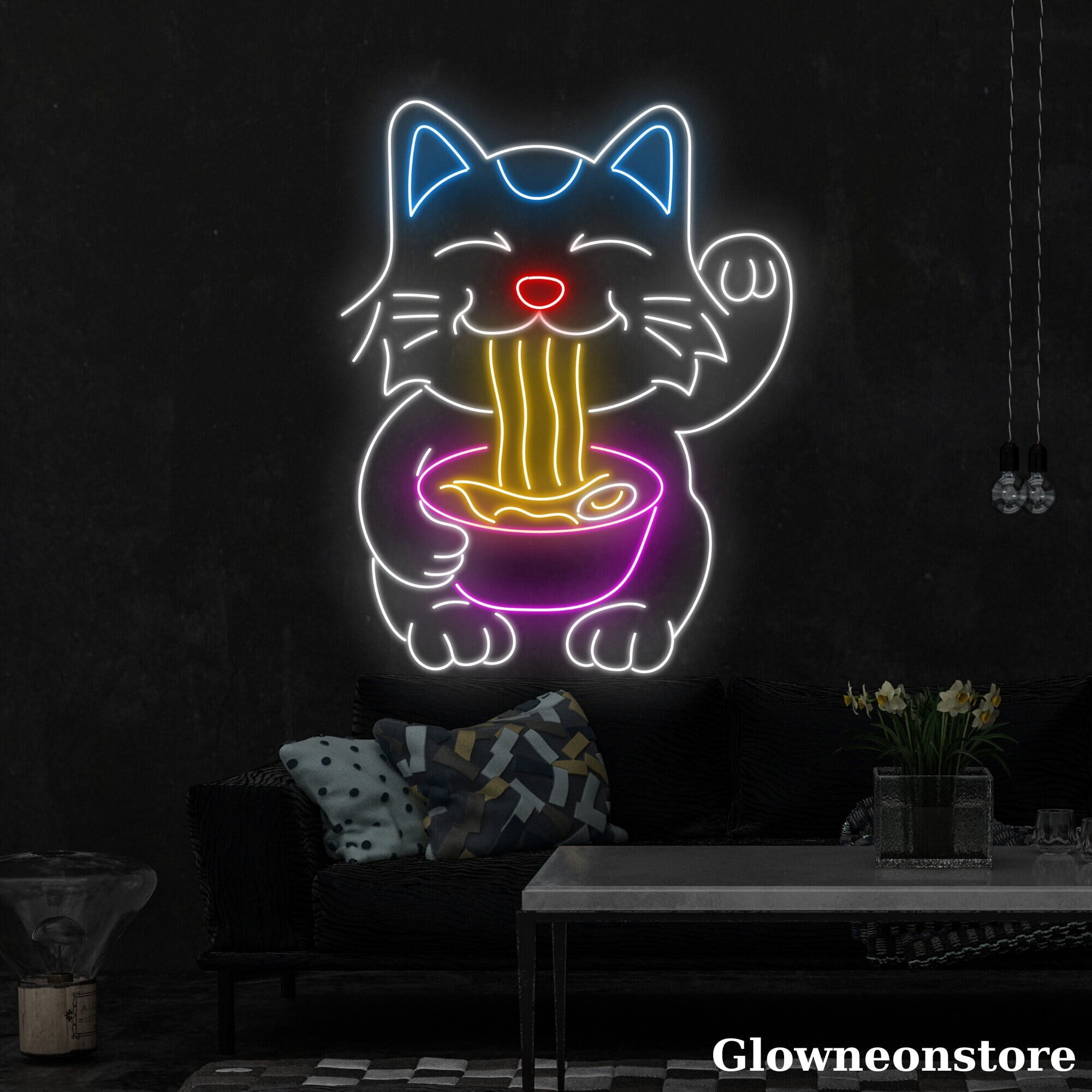 Glowneon Lucky Cat Eat Ramen Neon Sign, Fortune Cat Led Sign, Ramen ...