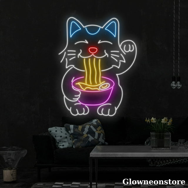 Glowneon Lucky Cat Eat Ramen Neon Sign, Fortune Cat Led Sign, Ramen ...