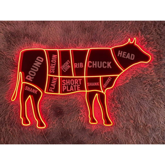 Glowneon Map Beef Steak Cuts Cow Neon Print Sign, Beef Map Cow Neon ...