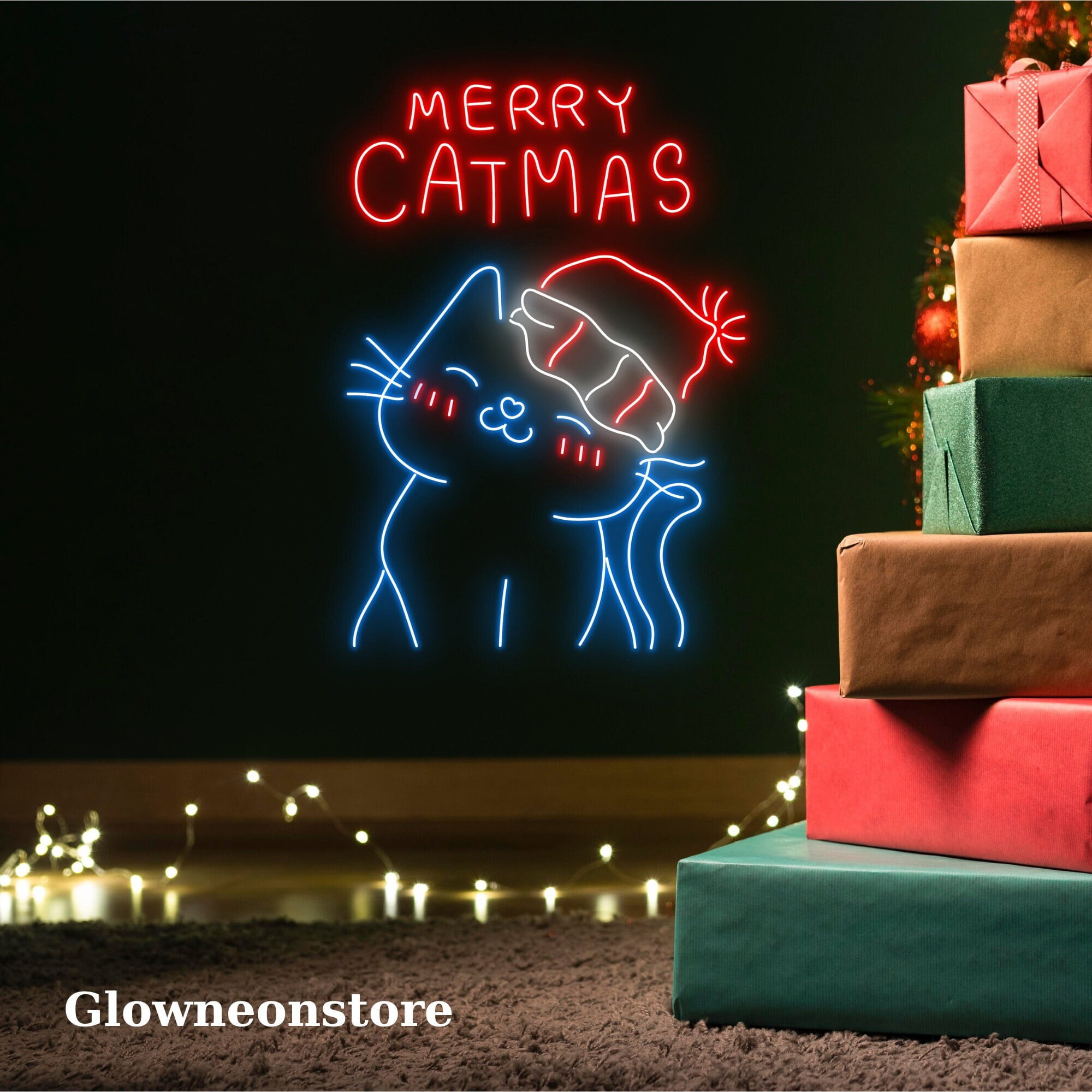 Glowneon Merry Catmas Neon Sign, Cat Christmas Led Light, Cat Line Art ...