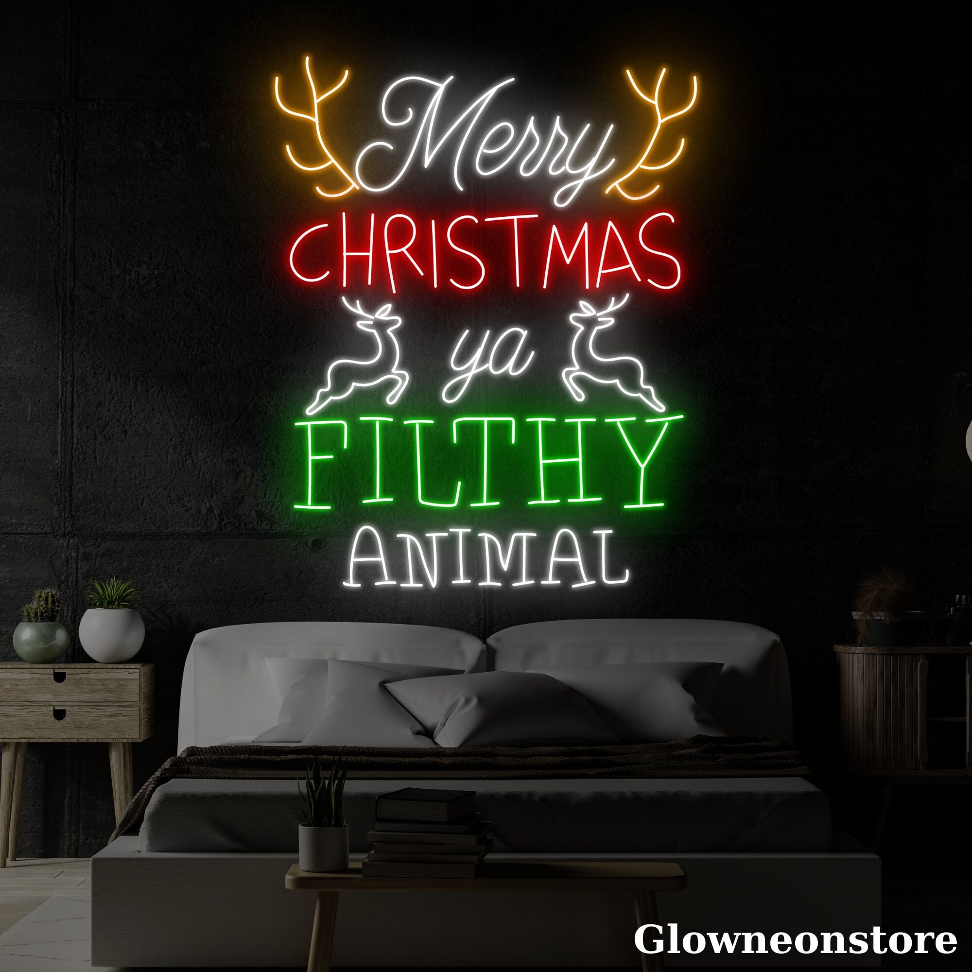 Glowneon Merry Christmas Ya Filthy Animal Neon Sign, Couple Reindeer ...