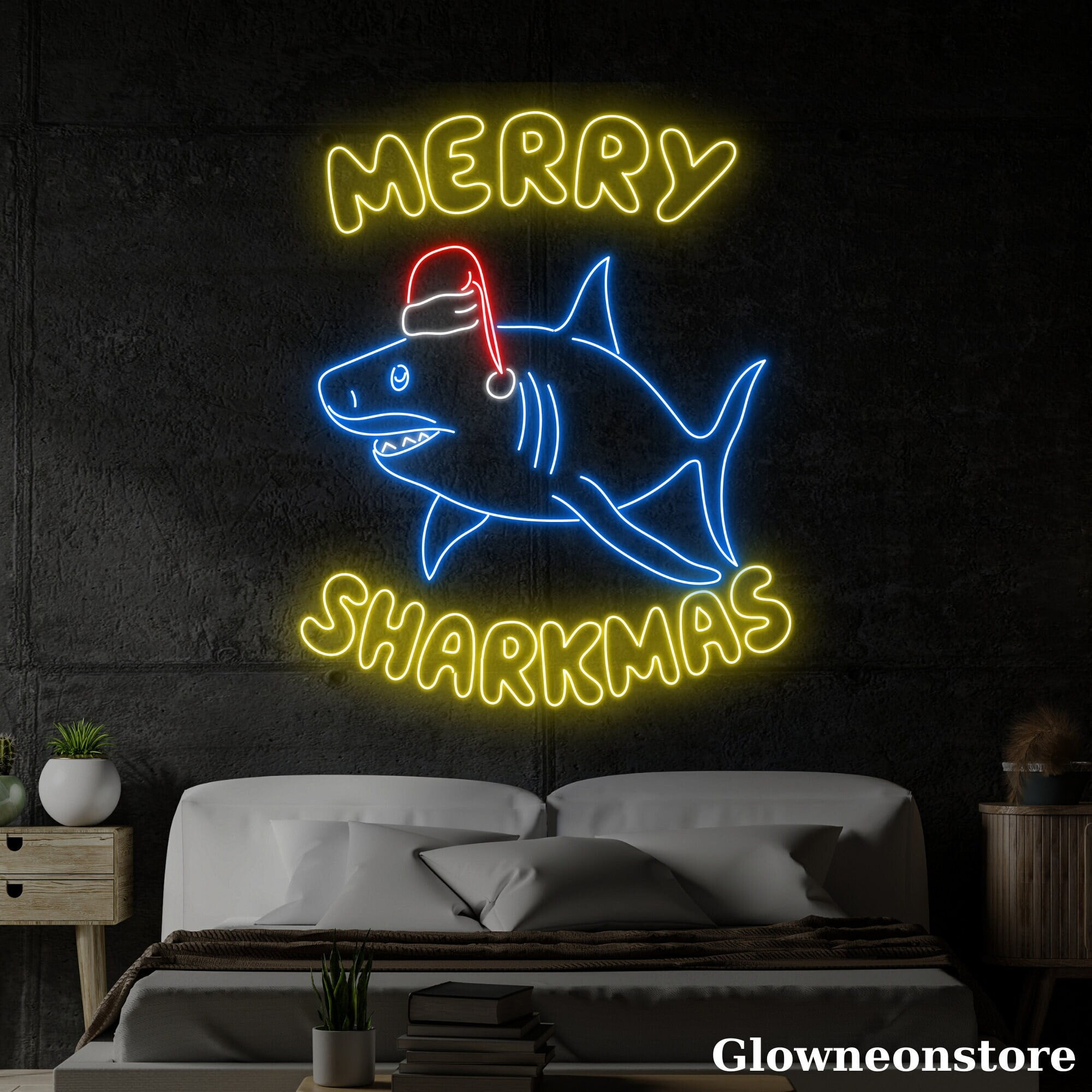 Glowneon Merry Sharkmas Neon Sign, Cute Shark With Santa Hat LED Sign ...