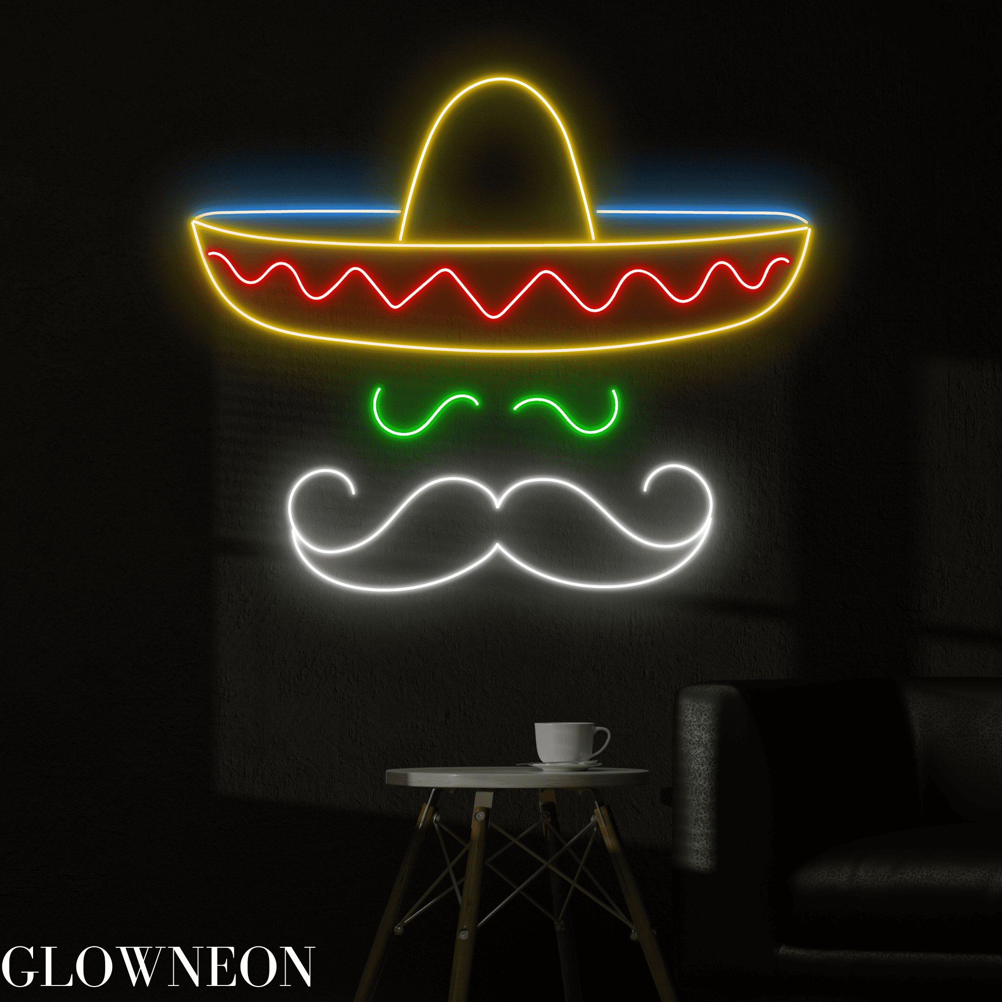 Glowneon Mexican Hat Mustache Neon Sign, Fiesta Mexican Wall Led Art ...