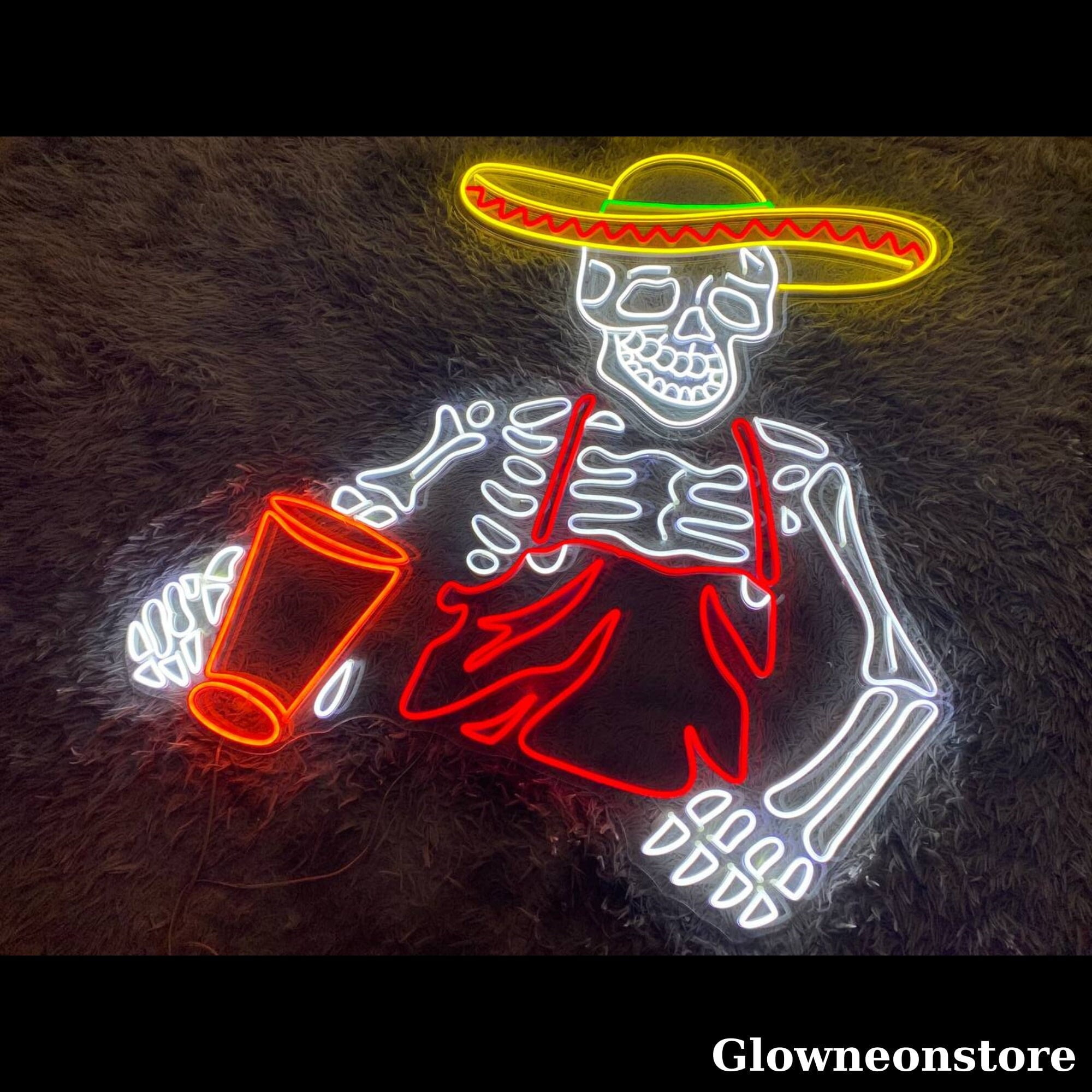 Glowneon Mexican Skeleton Drinking Beer Neon Sign, Beer Led Sign, Bar ...