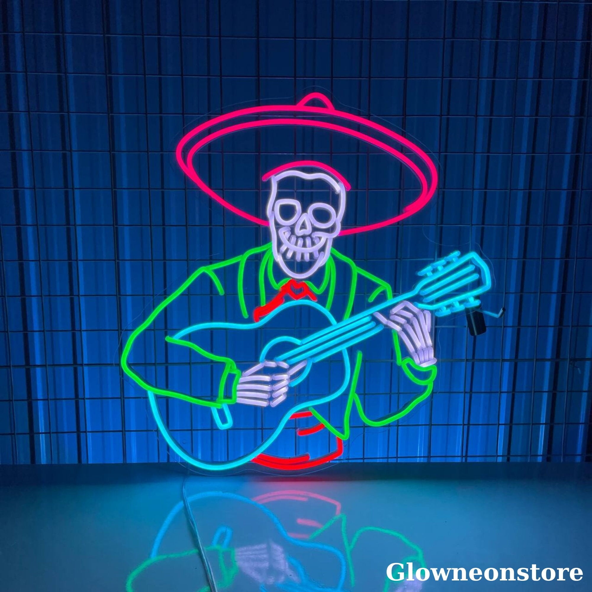 Glowneon Mexican Skeleton Playing Guitar Neon Sign, Mexican Skeleton ...