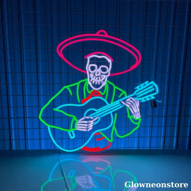 Glowneon Mexican Skeleton Playing Guitar Neon Sign, Mexican Skeleton ...