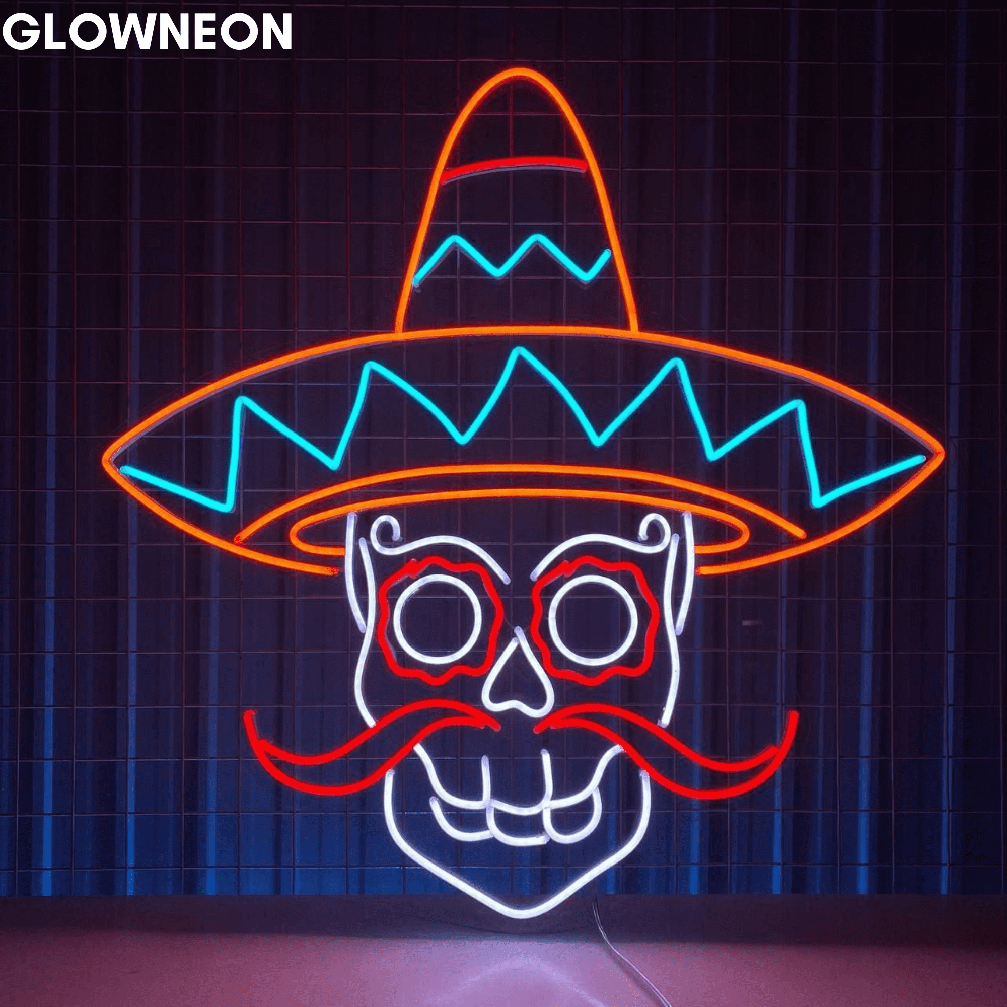 Glowneon Mexican Skull Mustache Wall Art, Fiesta Skull Neon Led Light ...