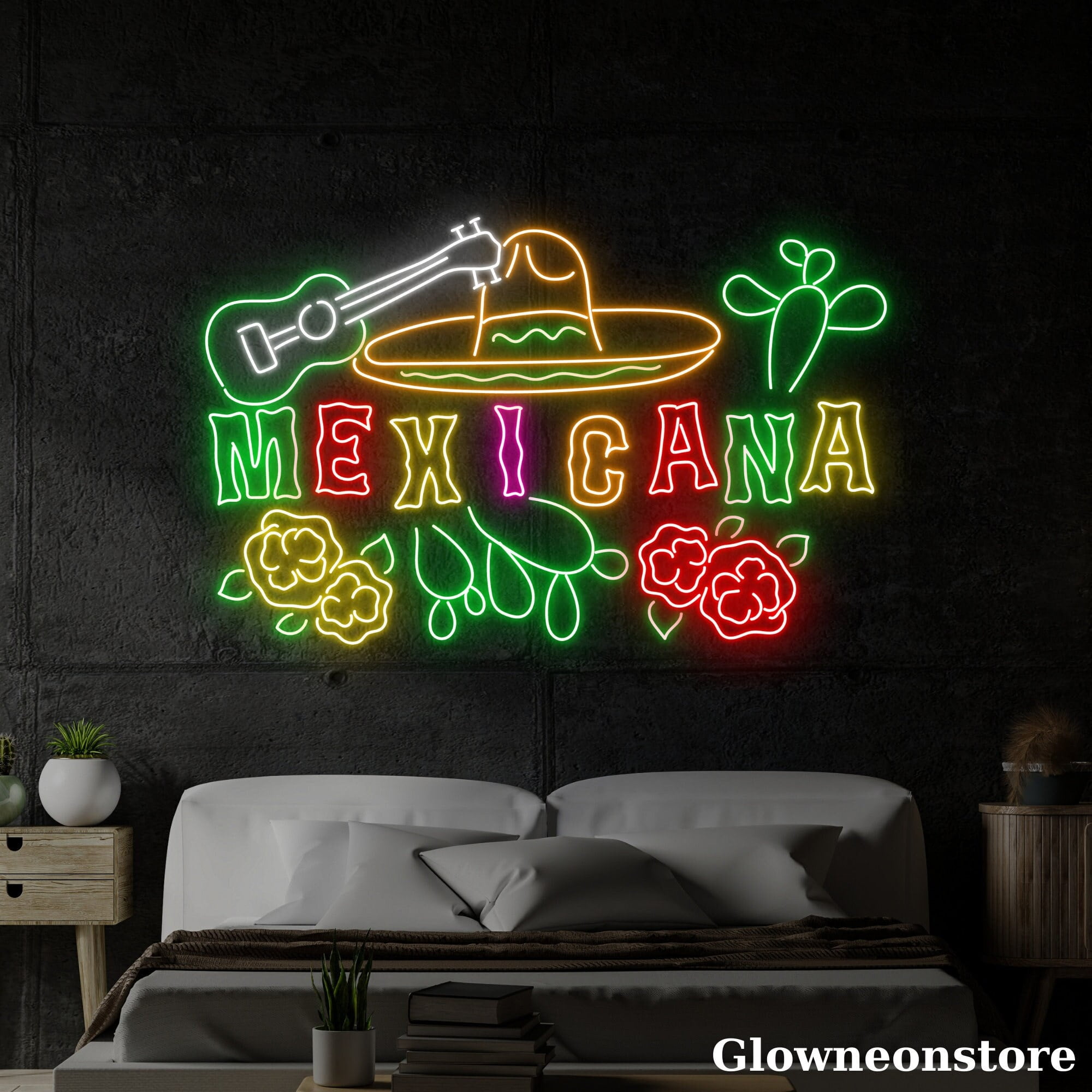 Glowneon Mexicana Guitar Neon Sign, Mexican Sombrero Guitar Sign ...