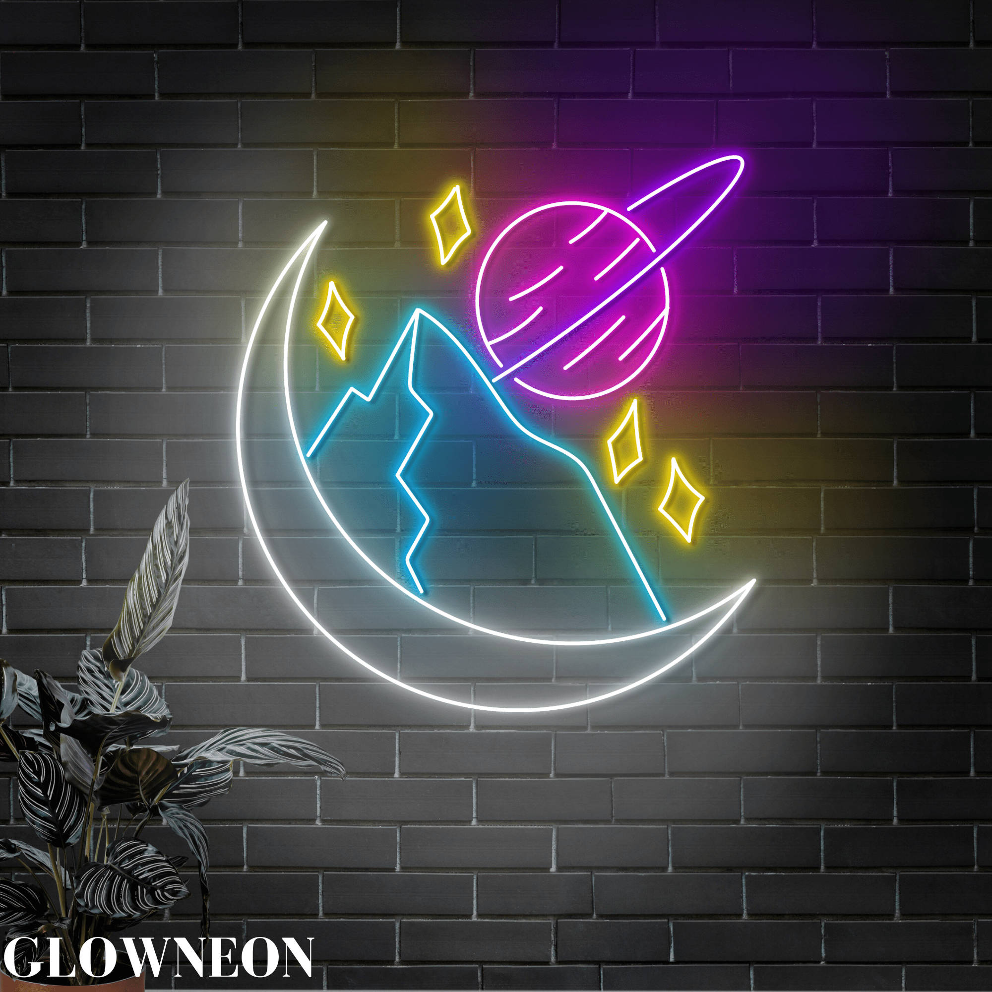 Glowneon Moon With Planet Neon Sign, Mountain And Galaxy Wall Led Art ...