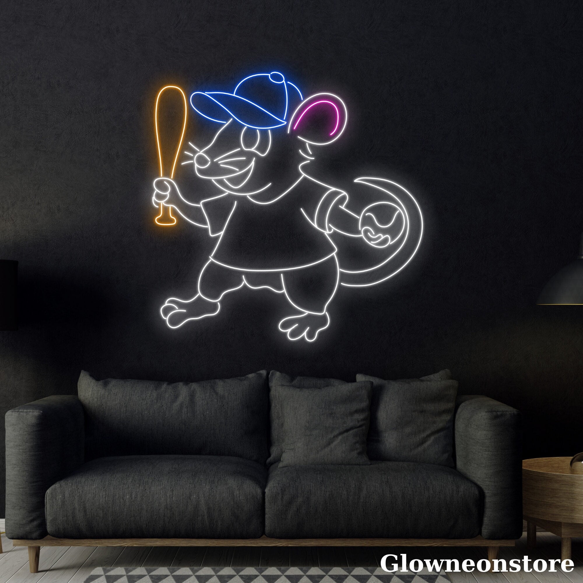 Glowneon Mouse Playing Baseball Neon Sign, Baseball Led Sign, Baseball ...