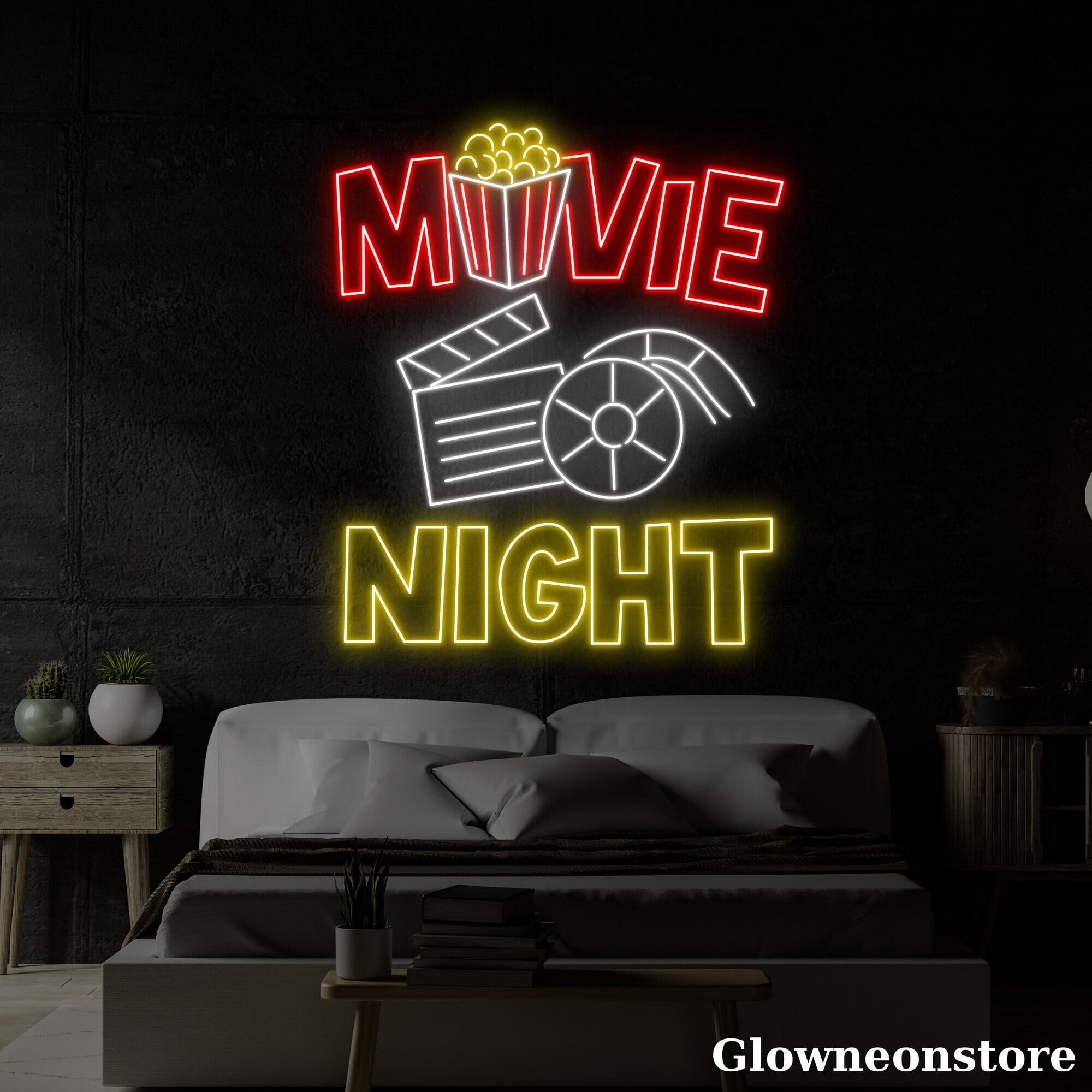Glowneon Movie Night Neon Sign, Cinema Movie LED Sign, Popcorn Neon ...
