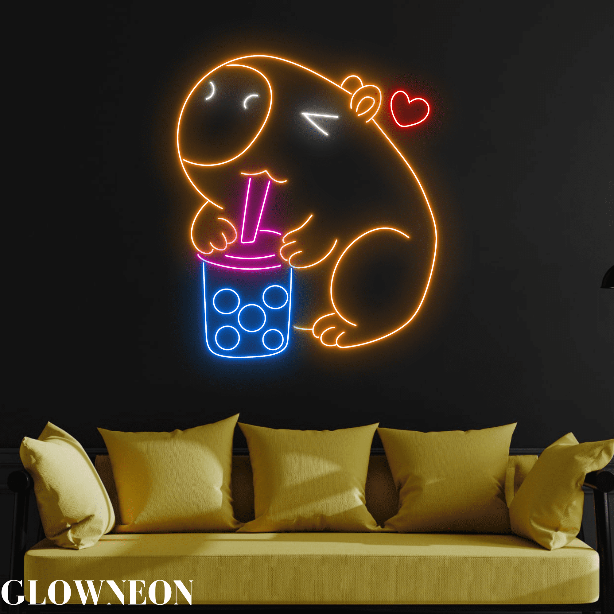 Glowneon Neon Capybara Drink Boba Tea, Capybara Bubble Milk Tea Decor ...