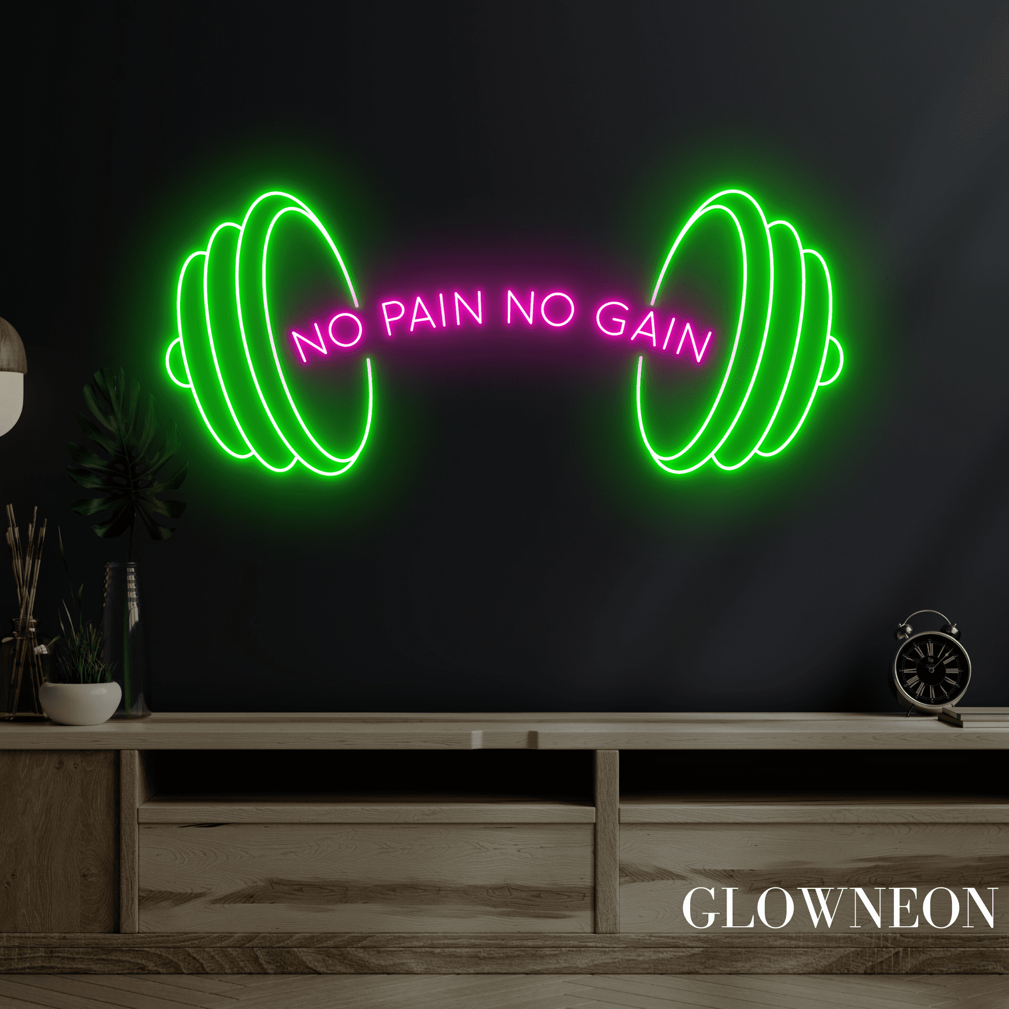 Glowneon No Pain No Gain Neon Sign, Barbell Lifting Led Sign, Gym Art ...