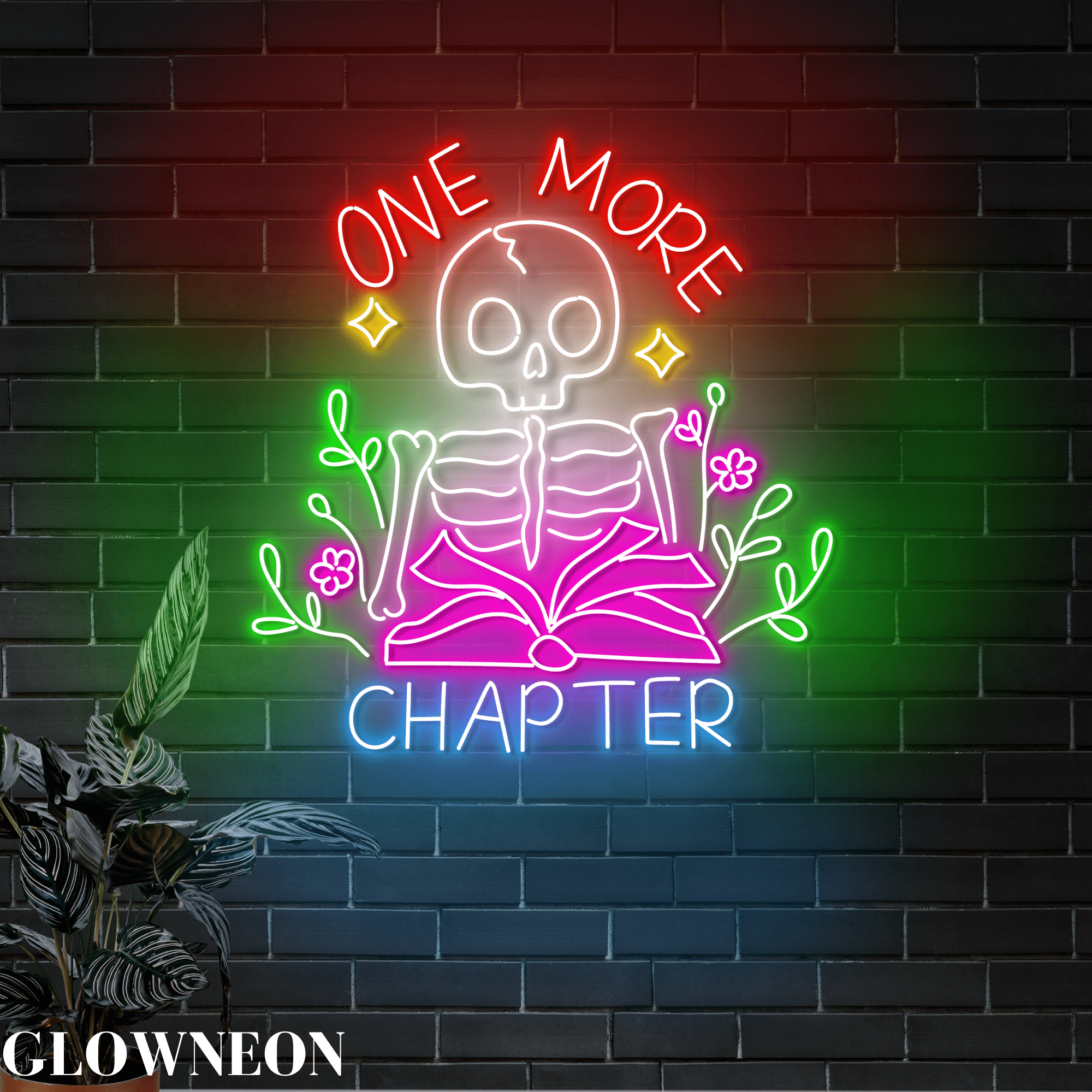 Glowneon One More Chapter Led Sign, Skeleton Read Book Neon Wall Deco ...