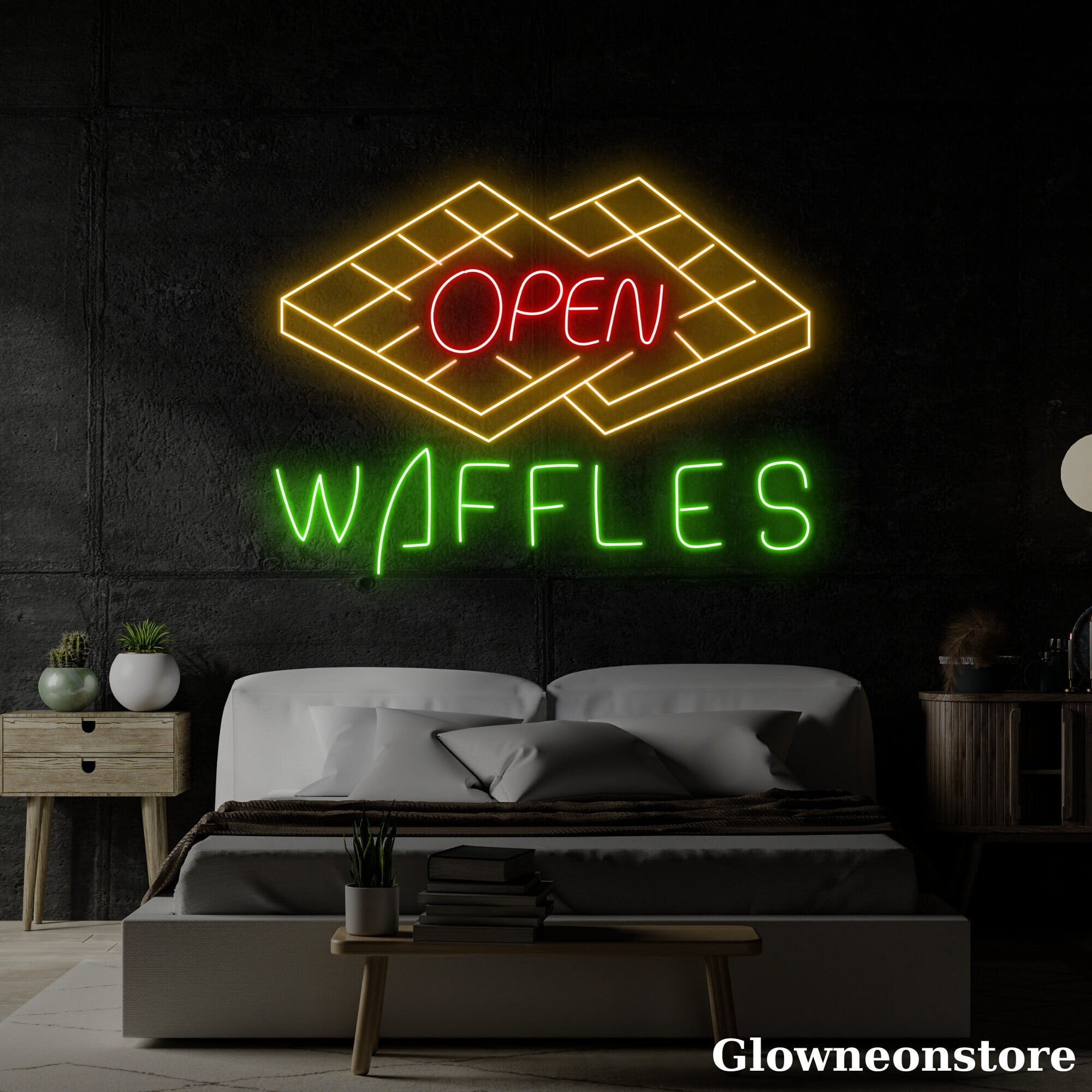 Glowneon Open Waffles Neon Sign, Waffles Cake LED Sign, Waffles Shop ...