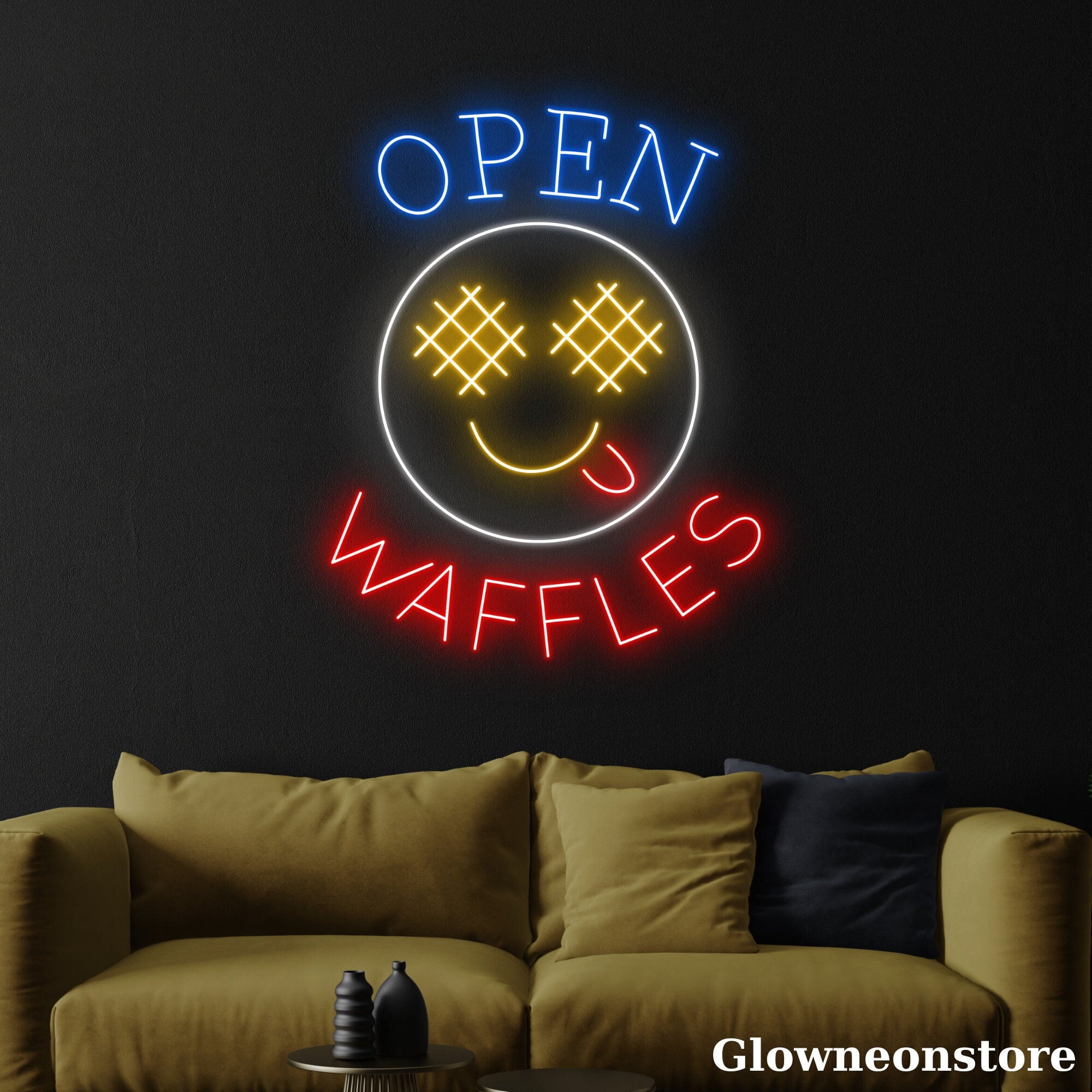 Glowneon Open Waffles Smiling Neon Sign, Waffles LED Sign, Restaurant ...