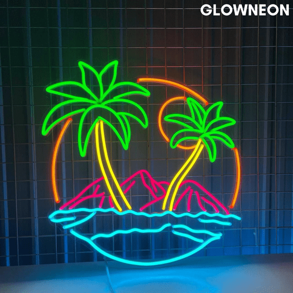 Glowneon Palm Tree Mountain Ocean Neon Sign, Tropical Beach Led Sign ...