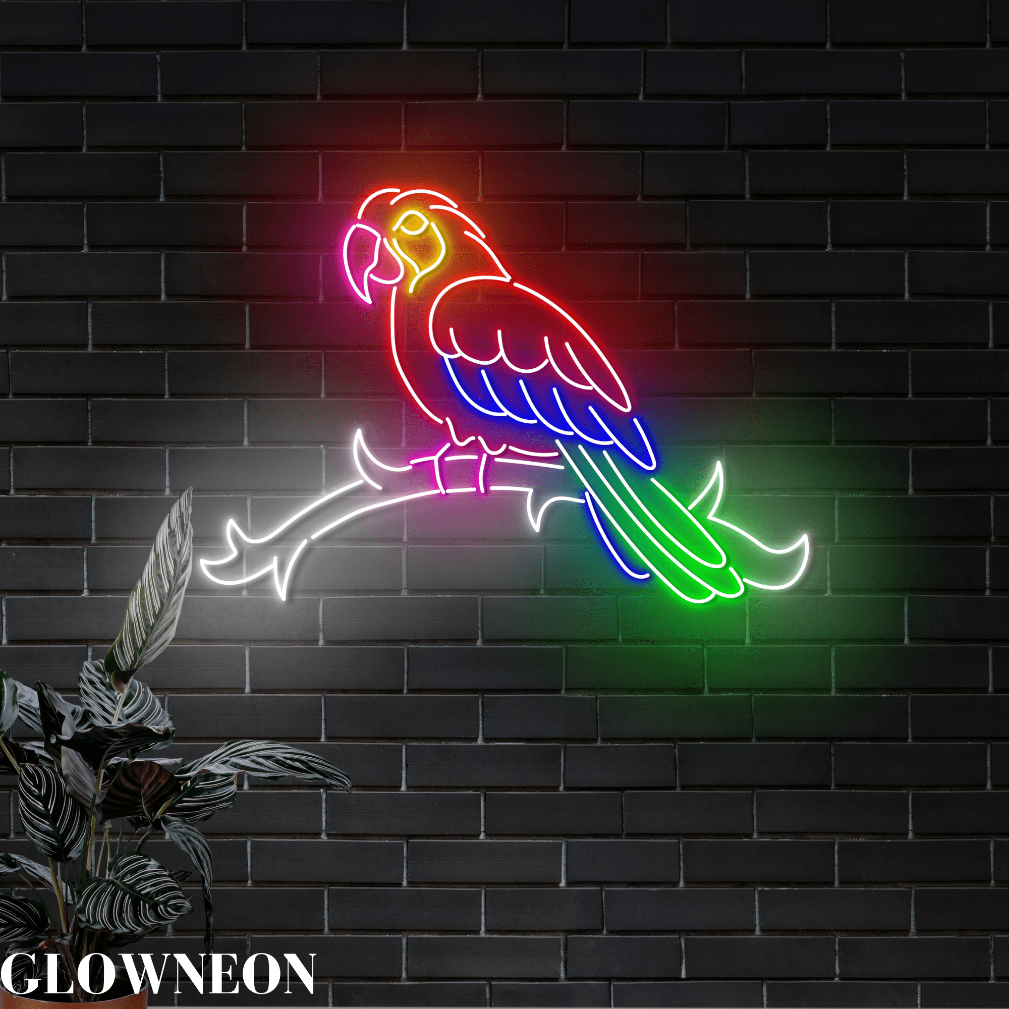 Glowneon Parrot On Branch Neon Sign, Parrot Bird Shop Led Wall Decor ...