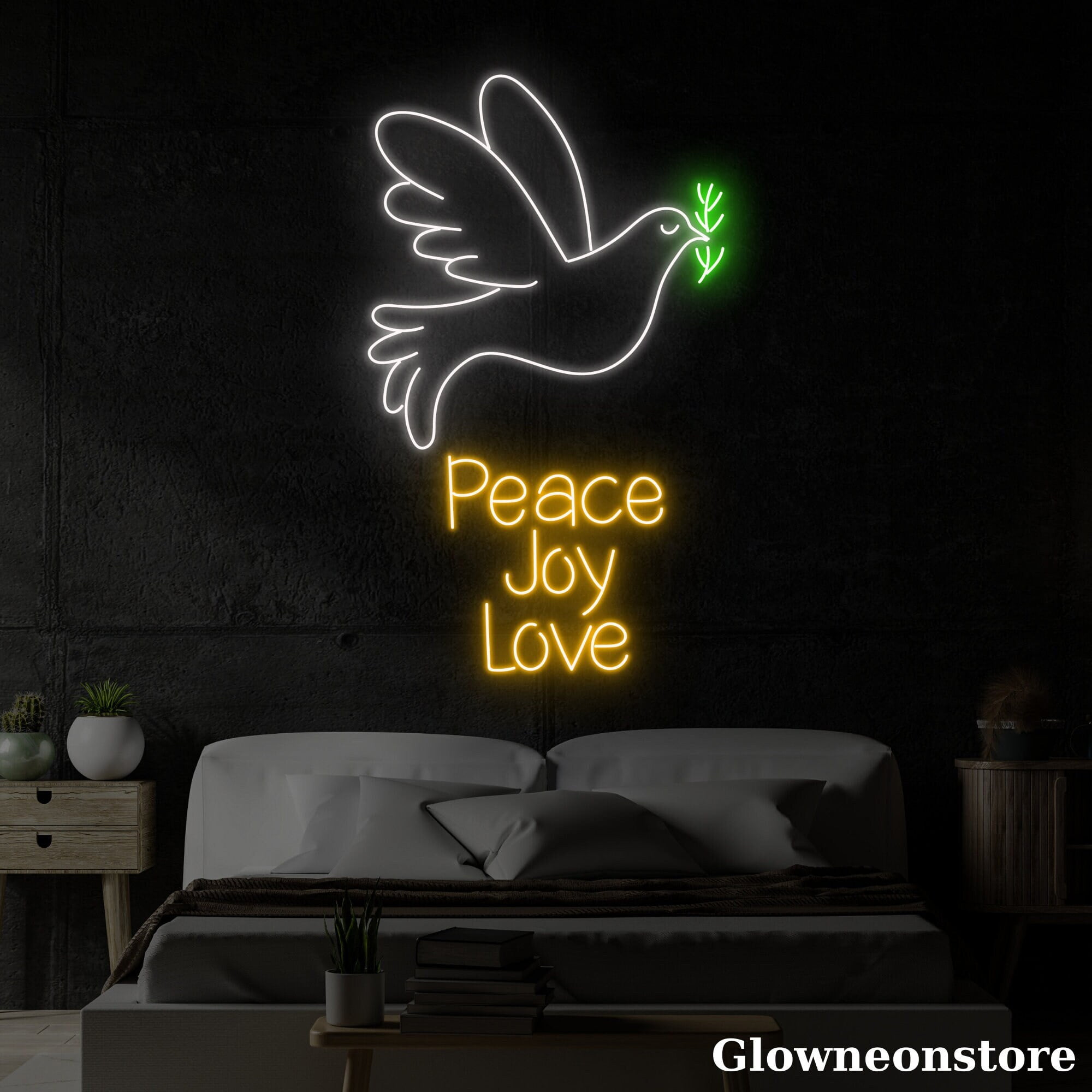 Glowneon Peace Joy Love Neon Sign, Peace Joy Love LED Sign, Dove Birds ...
