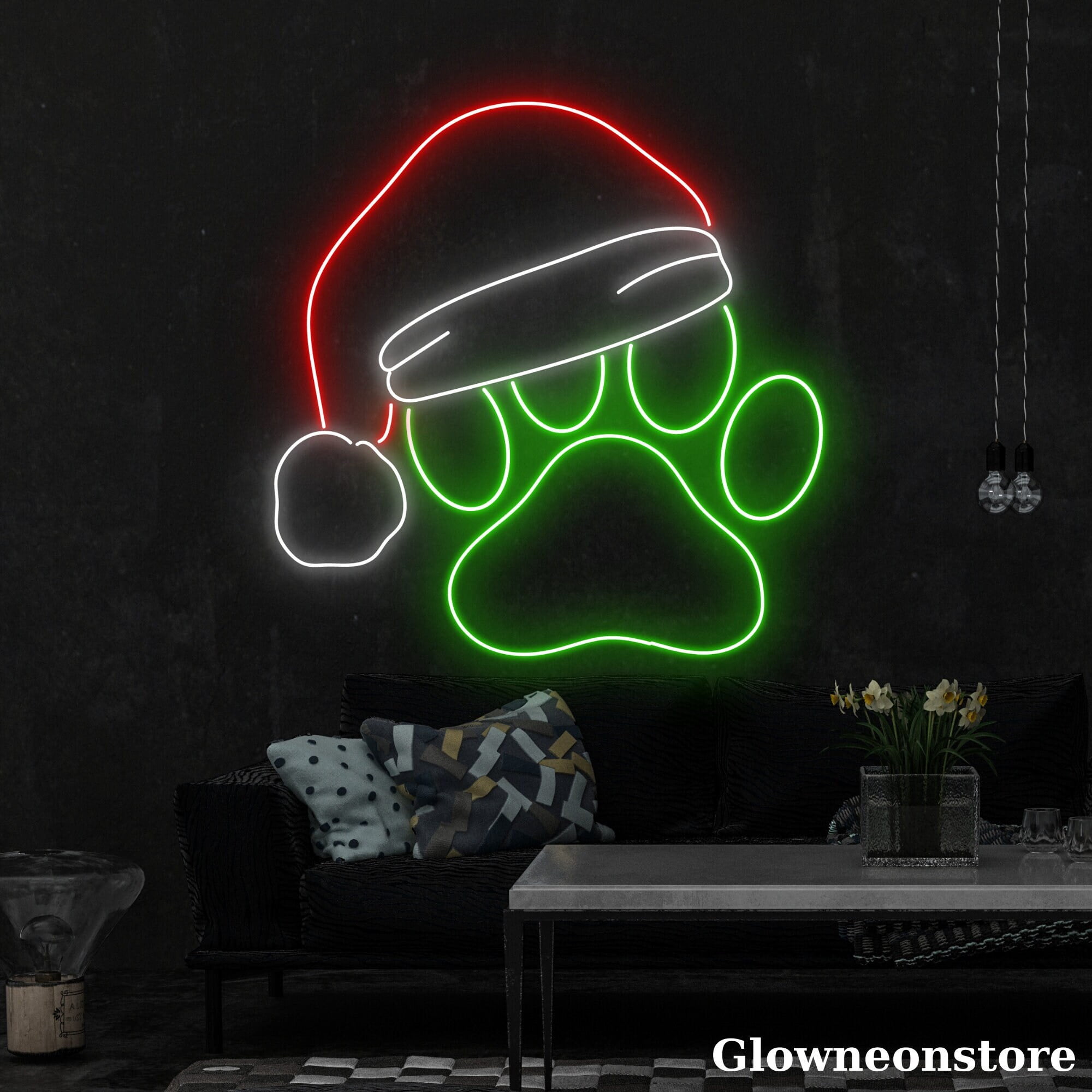 Glowneon Pet Paw Neon Sign, Dog Paw Santa Hat LED Sign, Pet Lover Gift ...