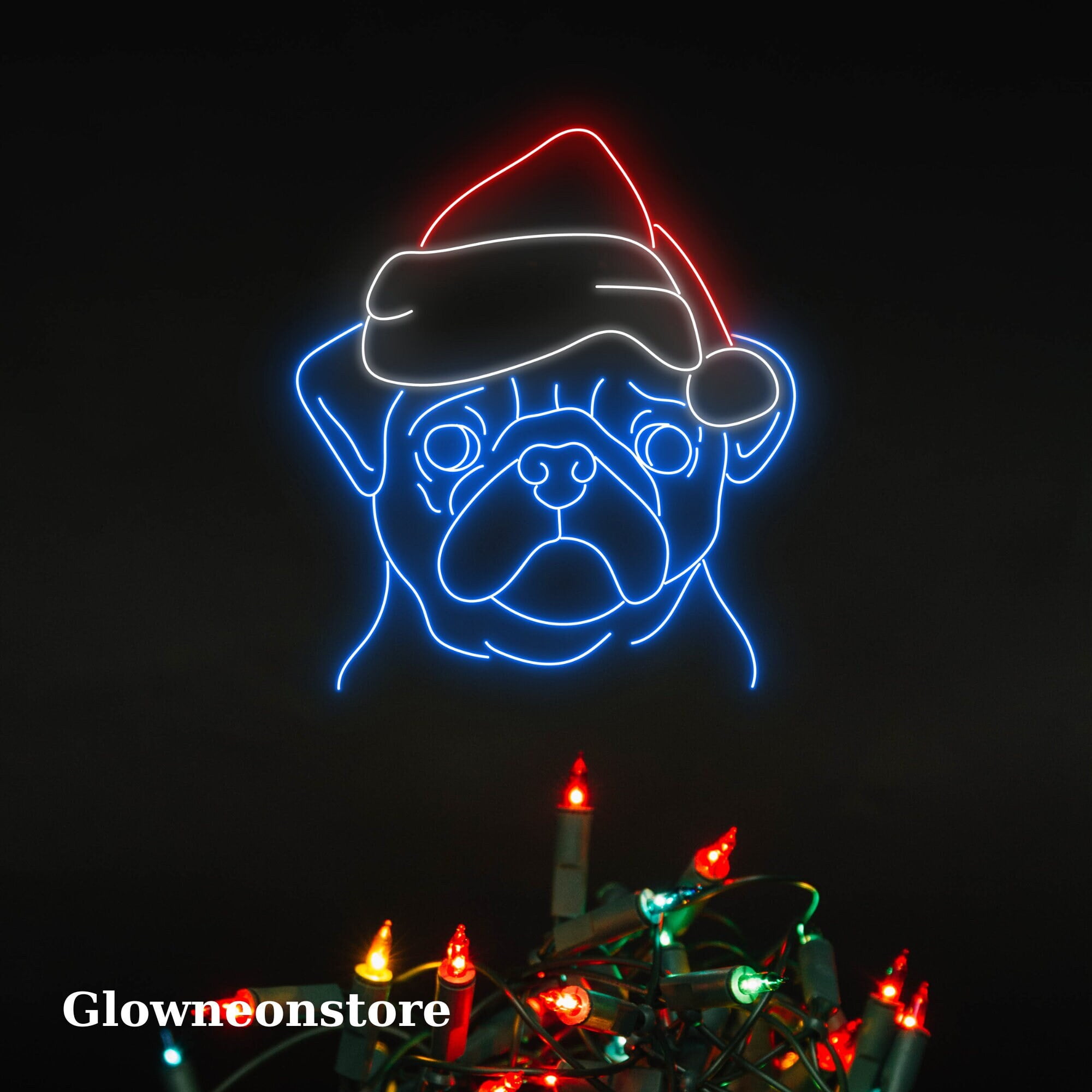 Glowneon Pug Dog Wear A Hat Christmas Neon Sign, Pug Dog Xmas Led Light ...