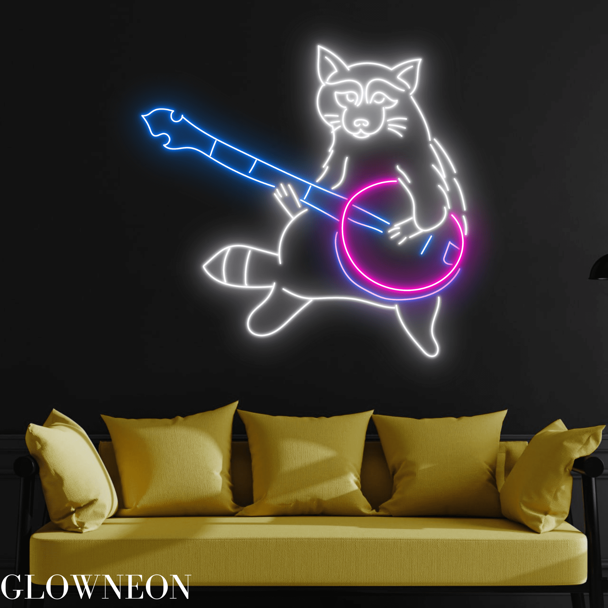 Glowneon Raccoon Plays Moon Lute Neon Sign, Raccoon Bedroom Led Decor ...