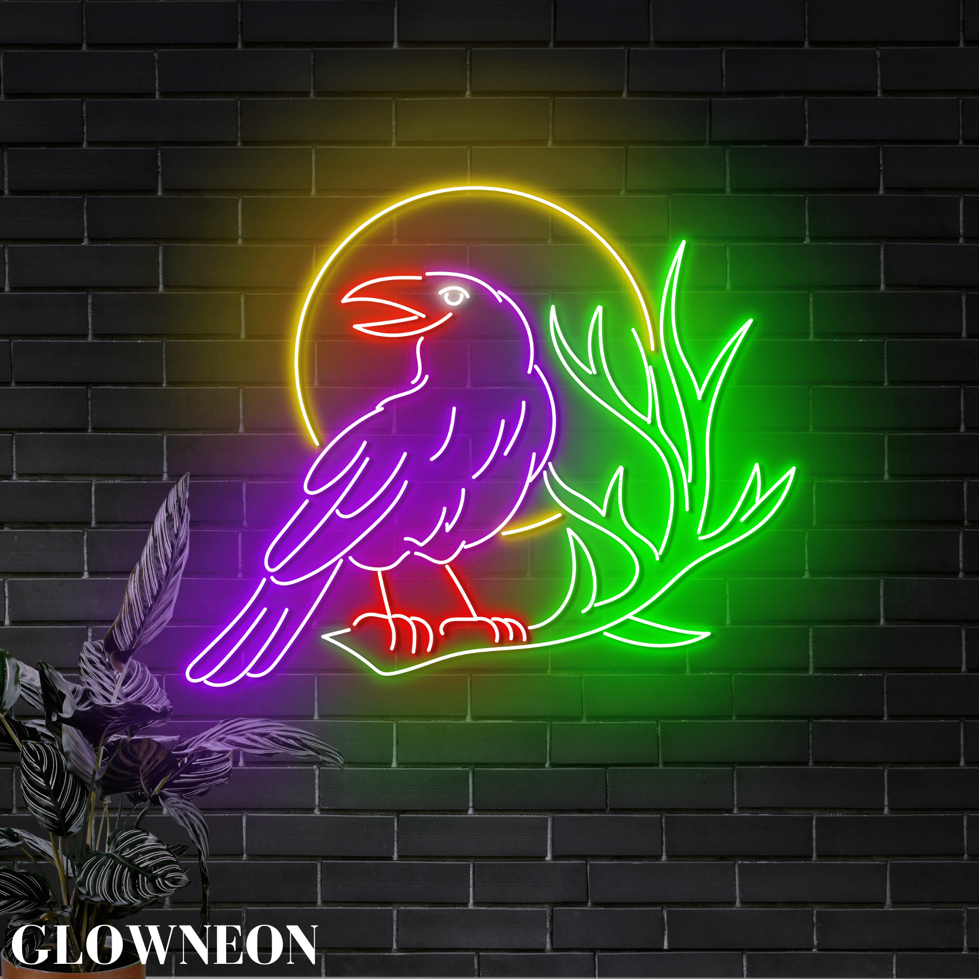 Glowneon Raven Moon Wall Neon Sign, Black Crow On Branch Led Wall Art ...