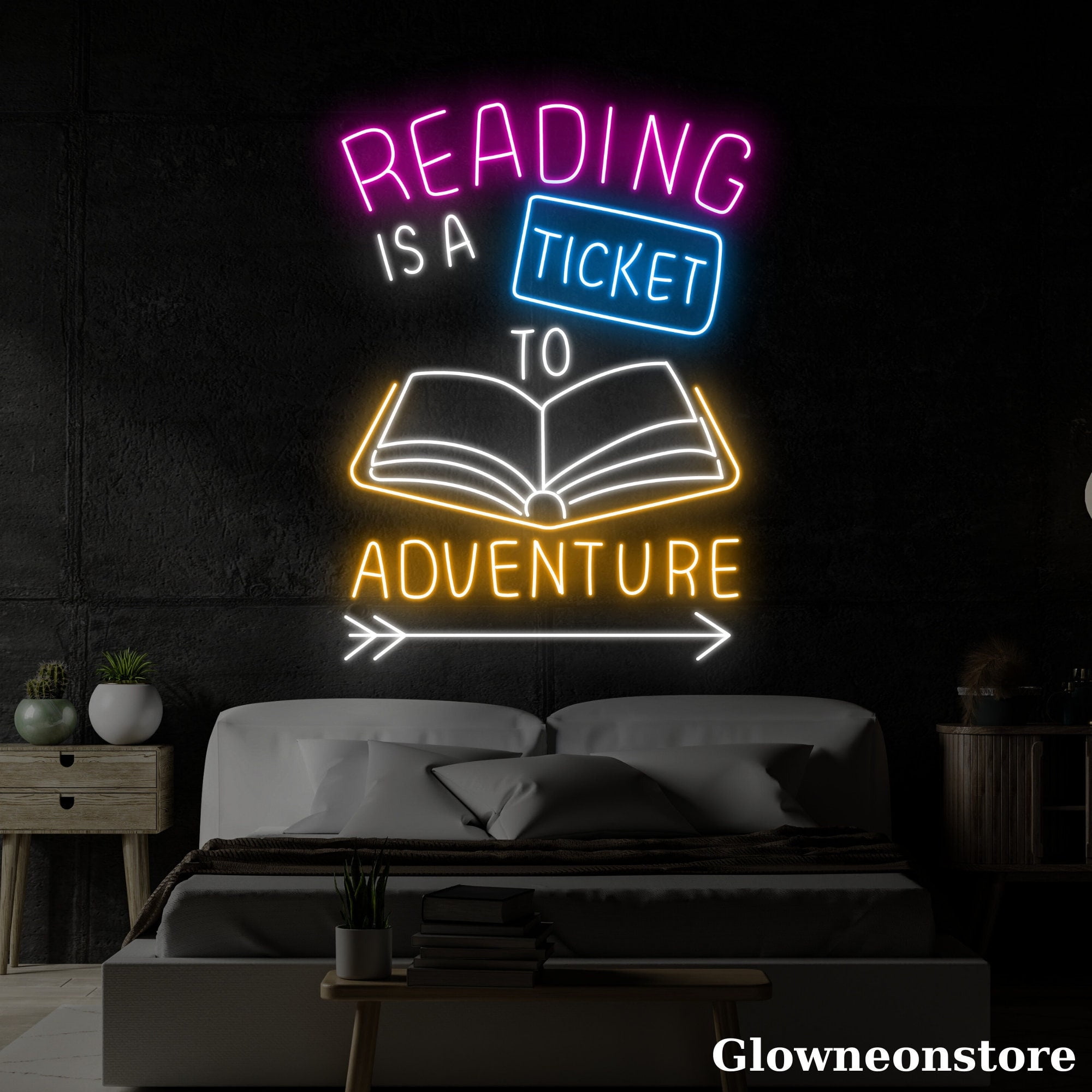 Glowneon Reading Is a Ticket to Adventure Neon Sign, Book Sign, Library Decor, Reading Room ...