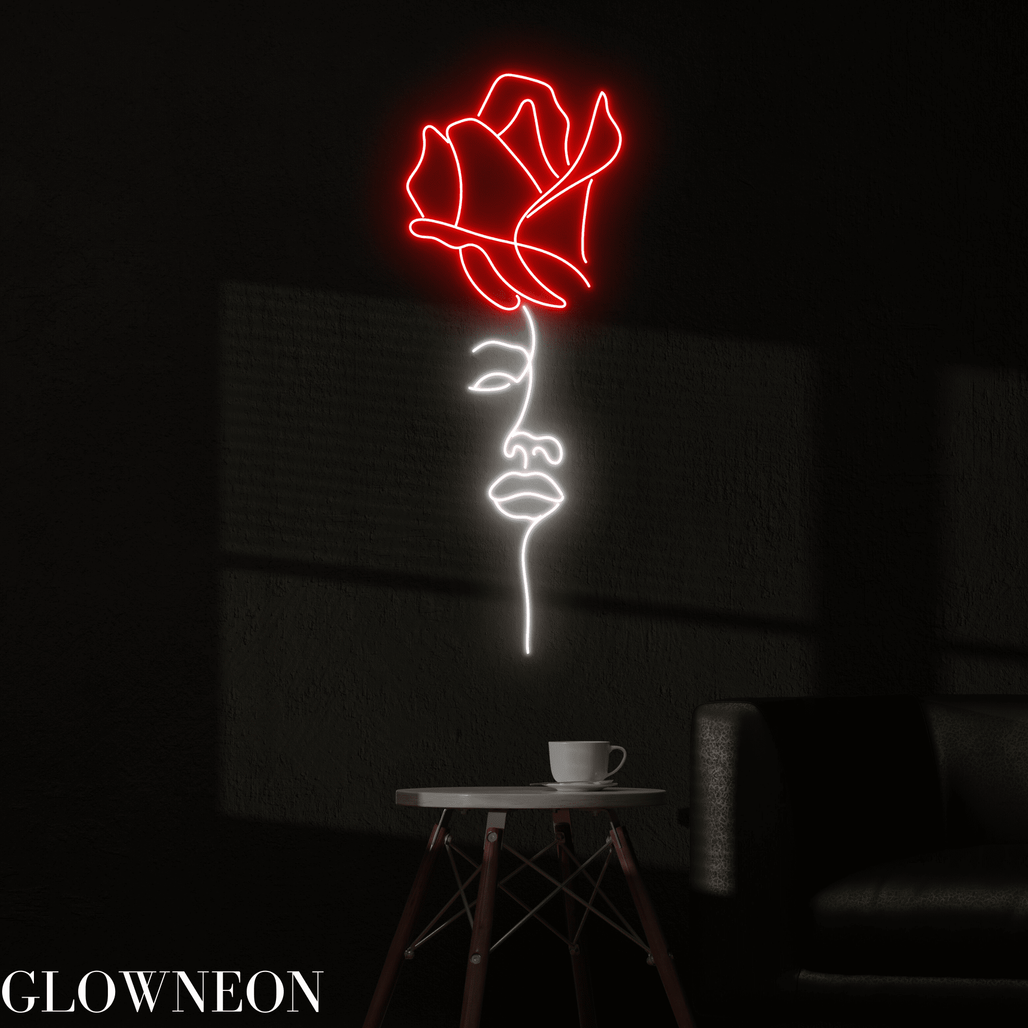 Glowneon Rose Flower Girl Neon Sign Abstract Floral Face Led Decor