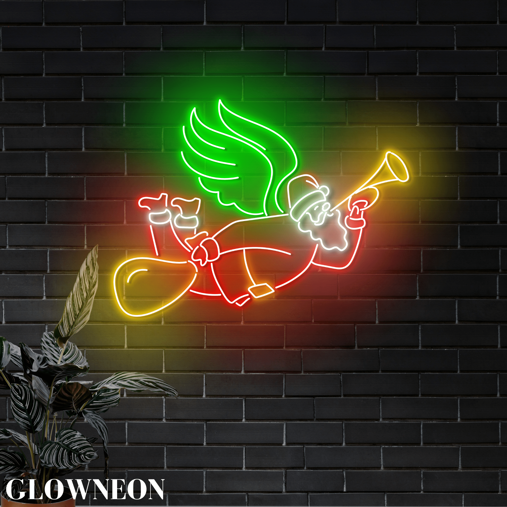 Glowneon Santa Wings Trumpet Wall Neon Sign, Christmas Night Wall Art ...