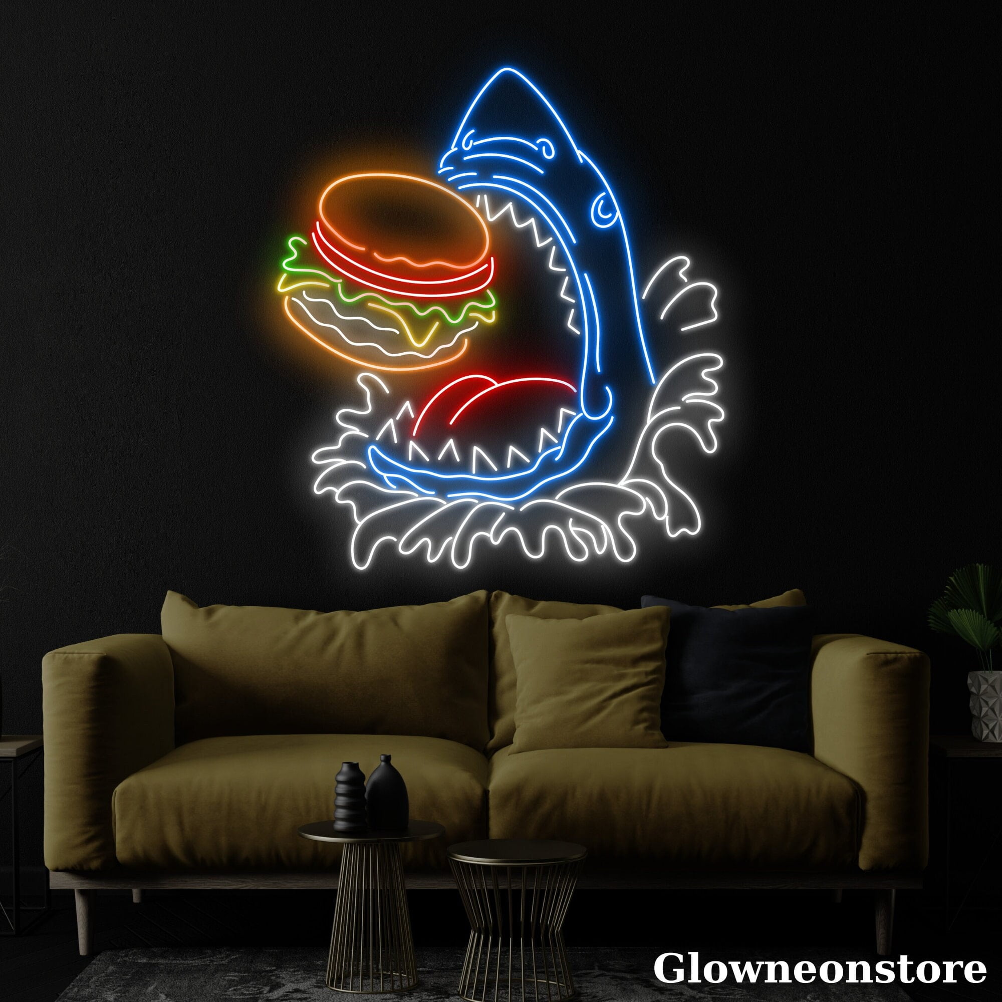 Glowneon Shark Eat Burger Neon Sign, Open Hamburger LED Sign ...