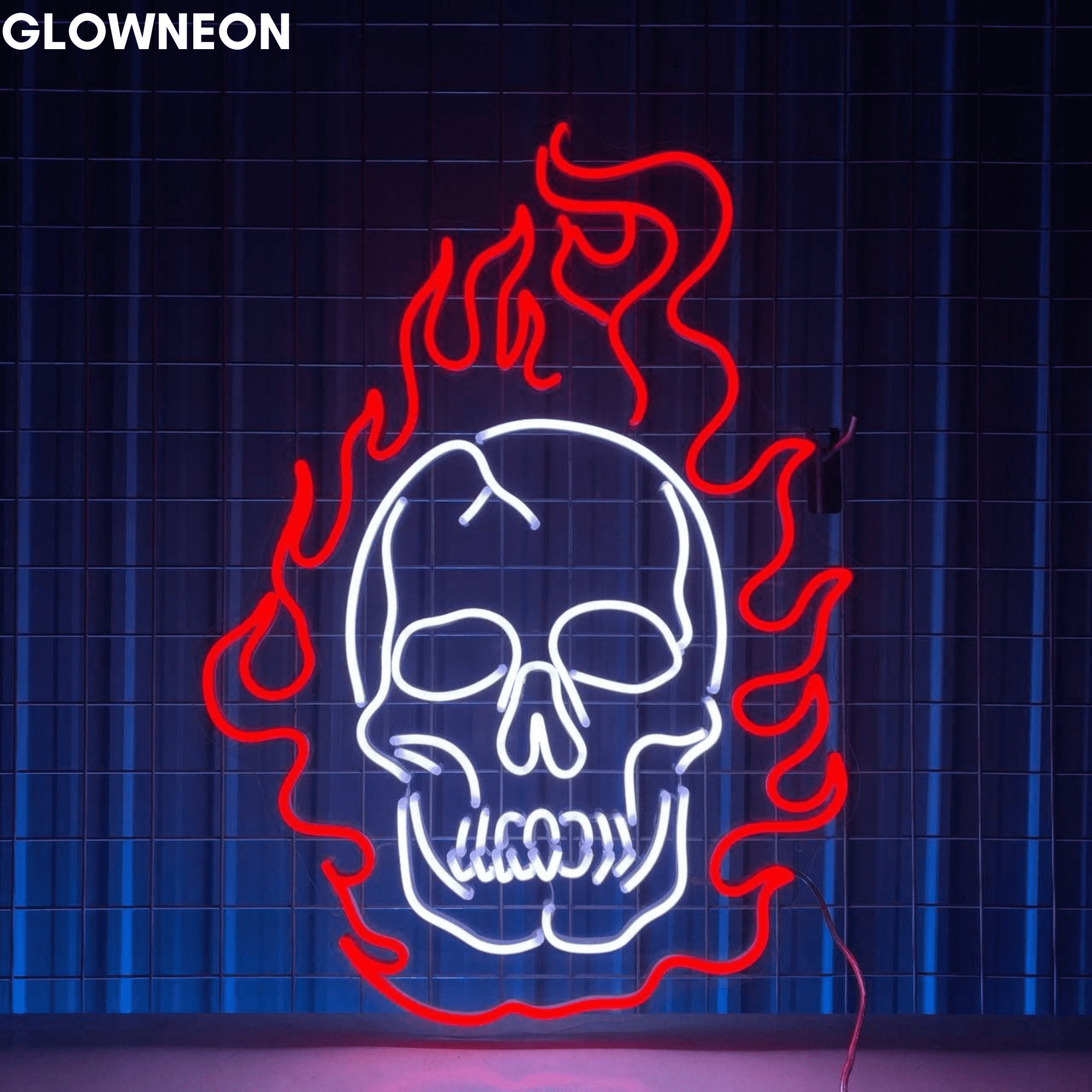 Glowneon Skull Fire Burning For Halloween Decor, Skull Neon Led Light ...