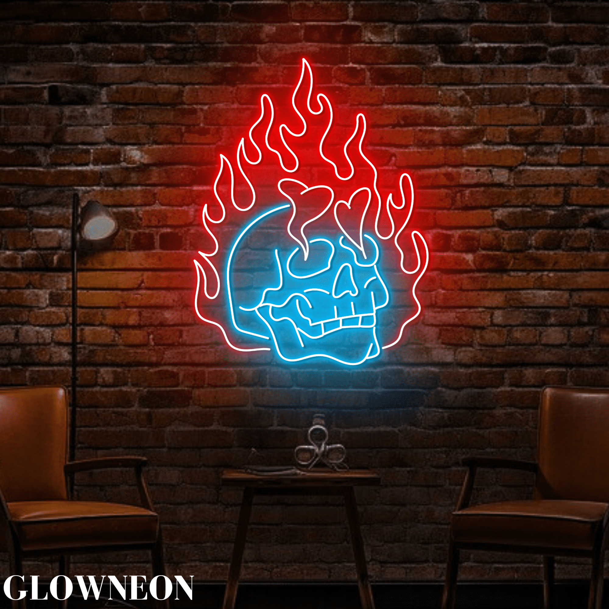 Glowneon Skull Heart Fire Neon Sign, Skull Skeleton Halloween Decor ...