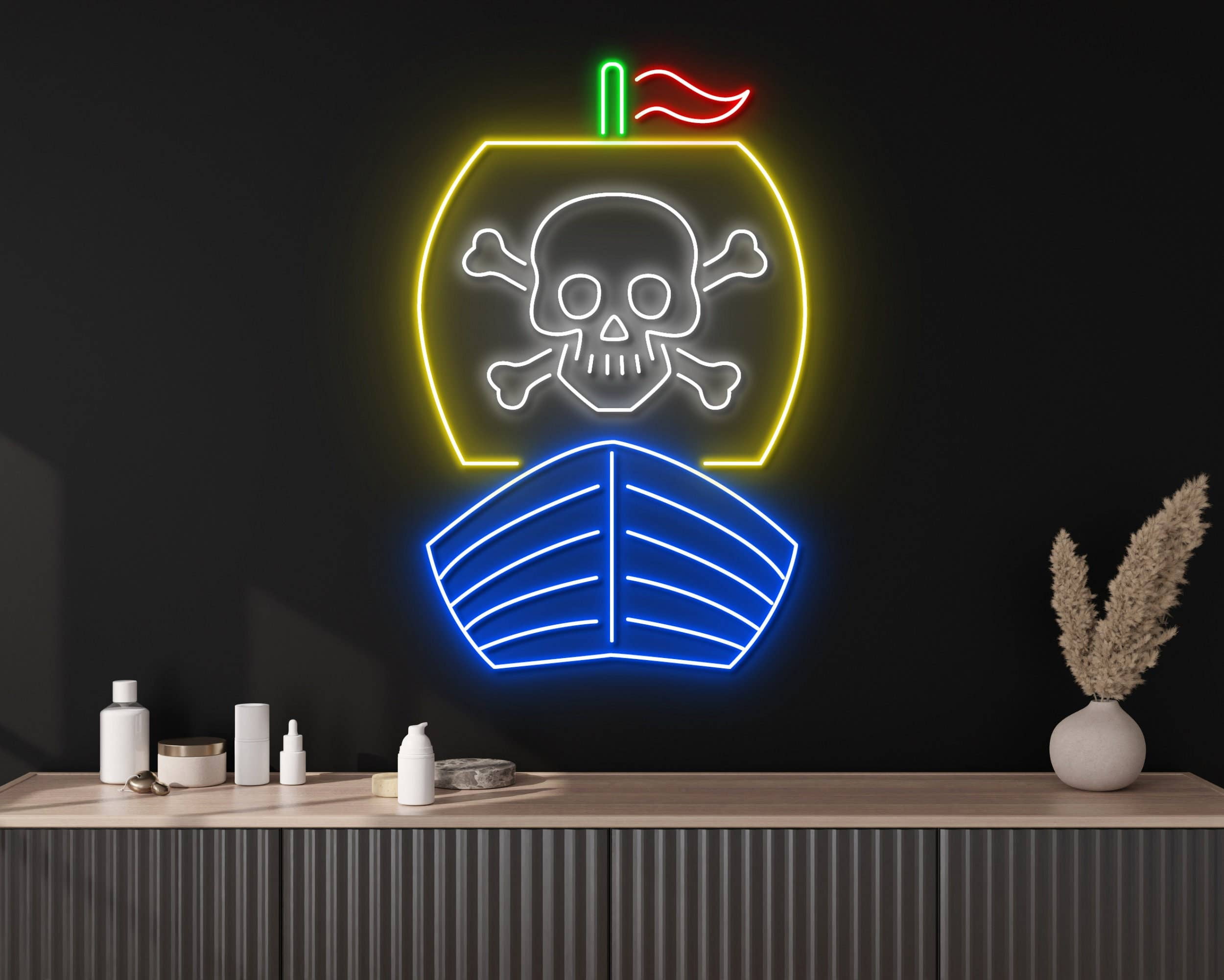 Glowneon Skull Pirate Ship Neon Sign, Cool Skull Man Cave Wall Decor ...